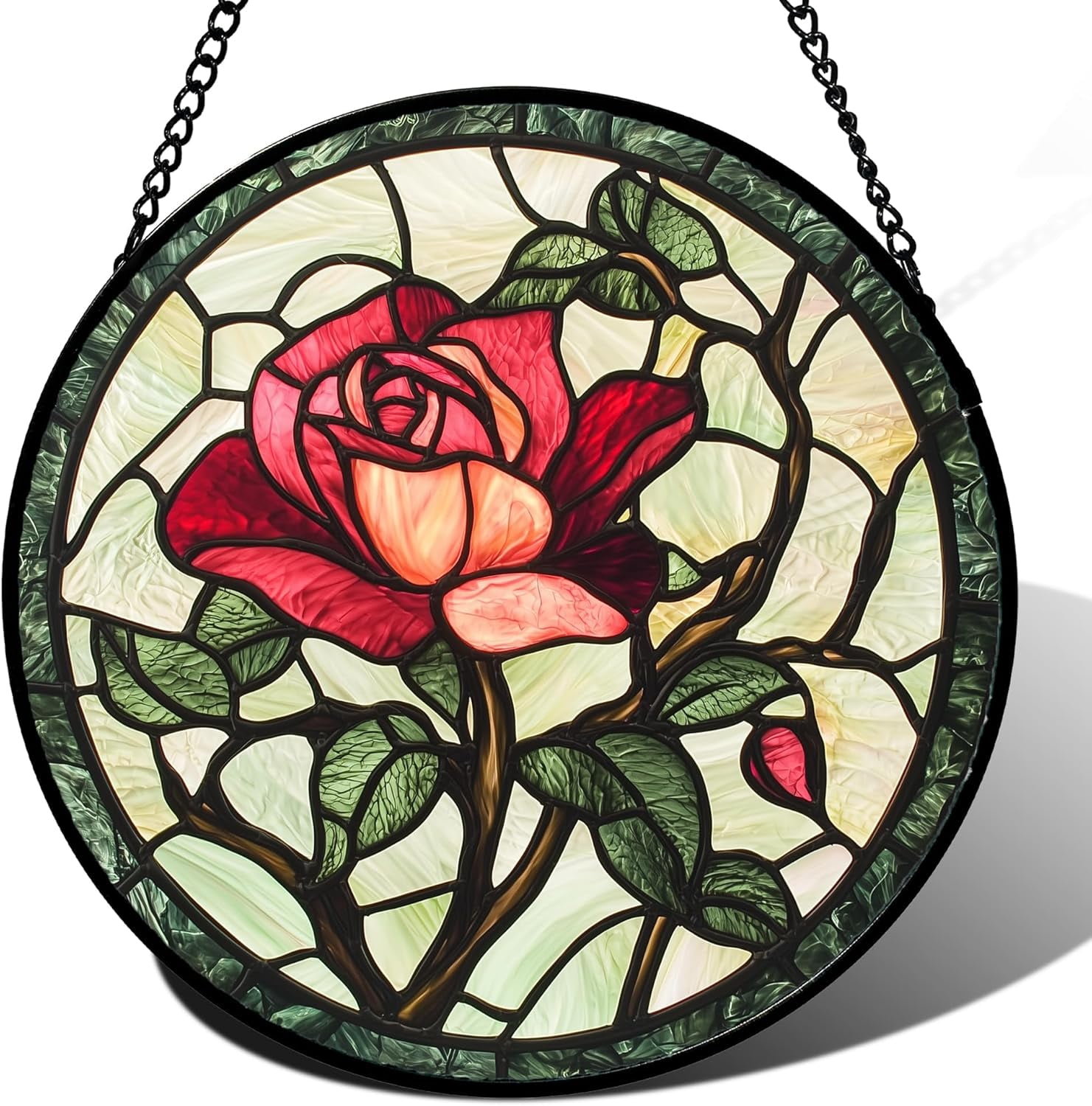 Stained Glass Window Hanging, Red Rose Flower Suncatcher for Doors ...