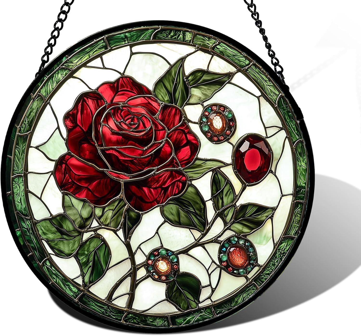 Stained Glass Window Hanging, Red Rose Gemstone Green Sun Catchers ...