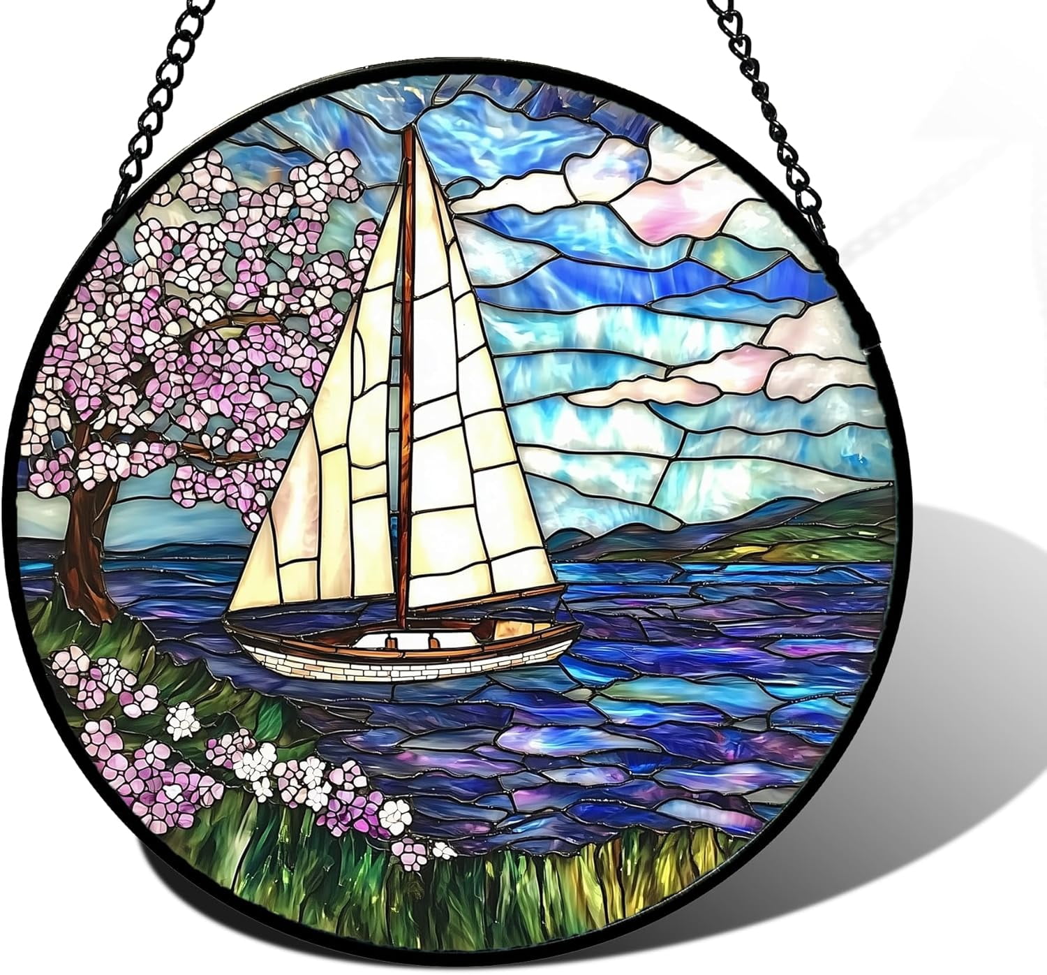 Stained Glass Window Hanging, Sakura Sailboat Suncatcher Diamond Glass ...