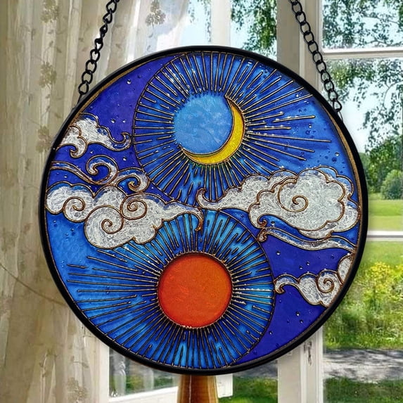 Stained Glass Window Hanging Sun Moon and Cloud Suncatcher - Handmade ...