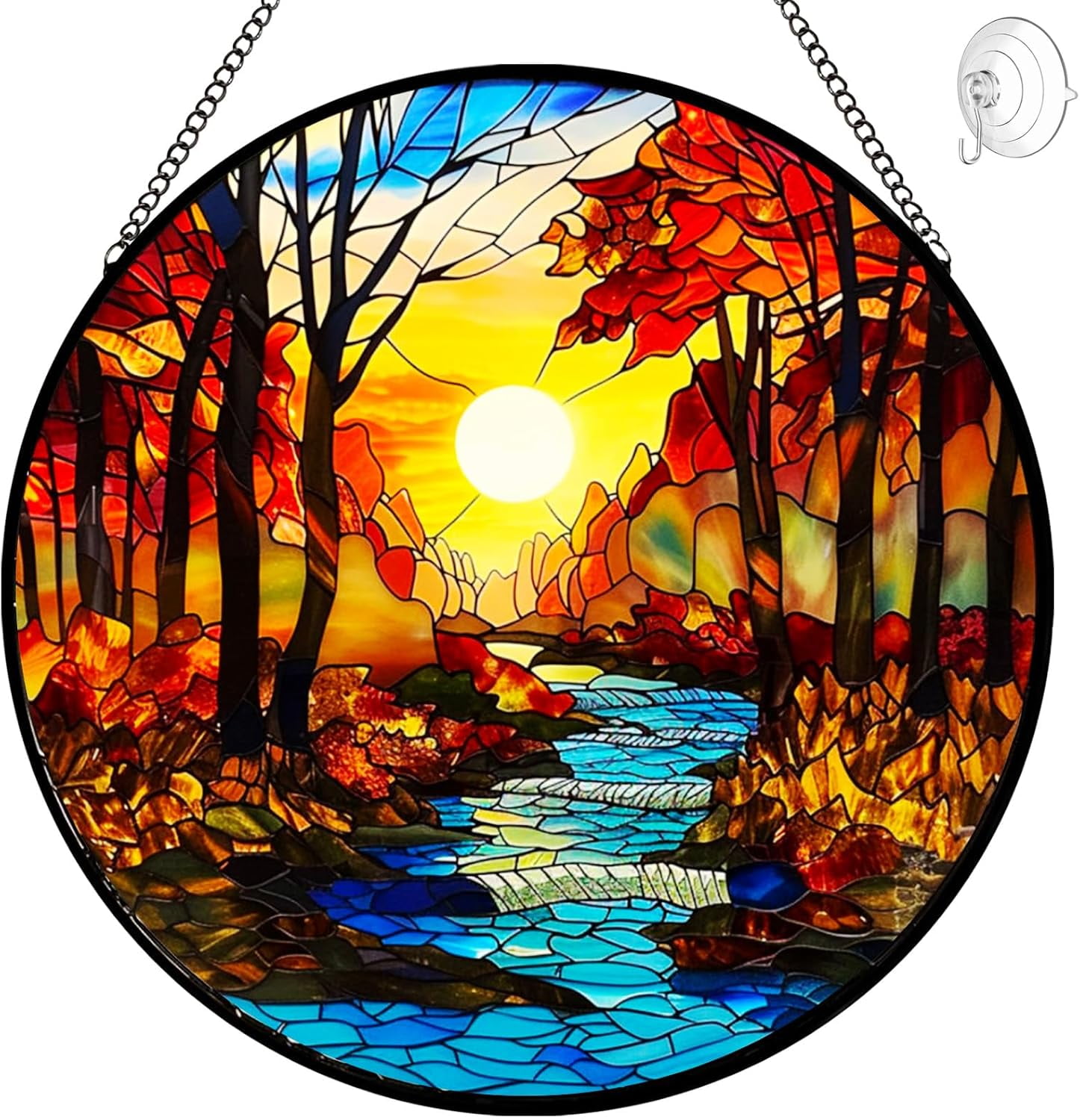 Stained Glass Window Hanging Sunrise Tree and River Landscape ...