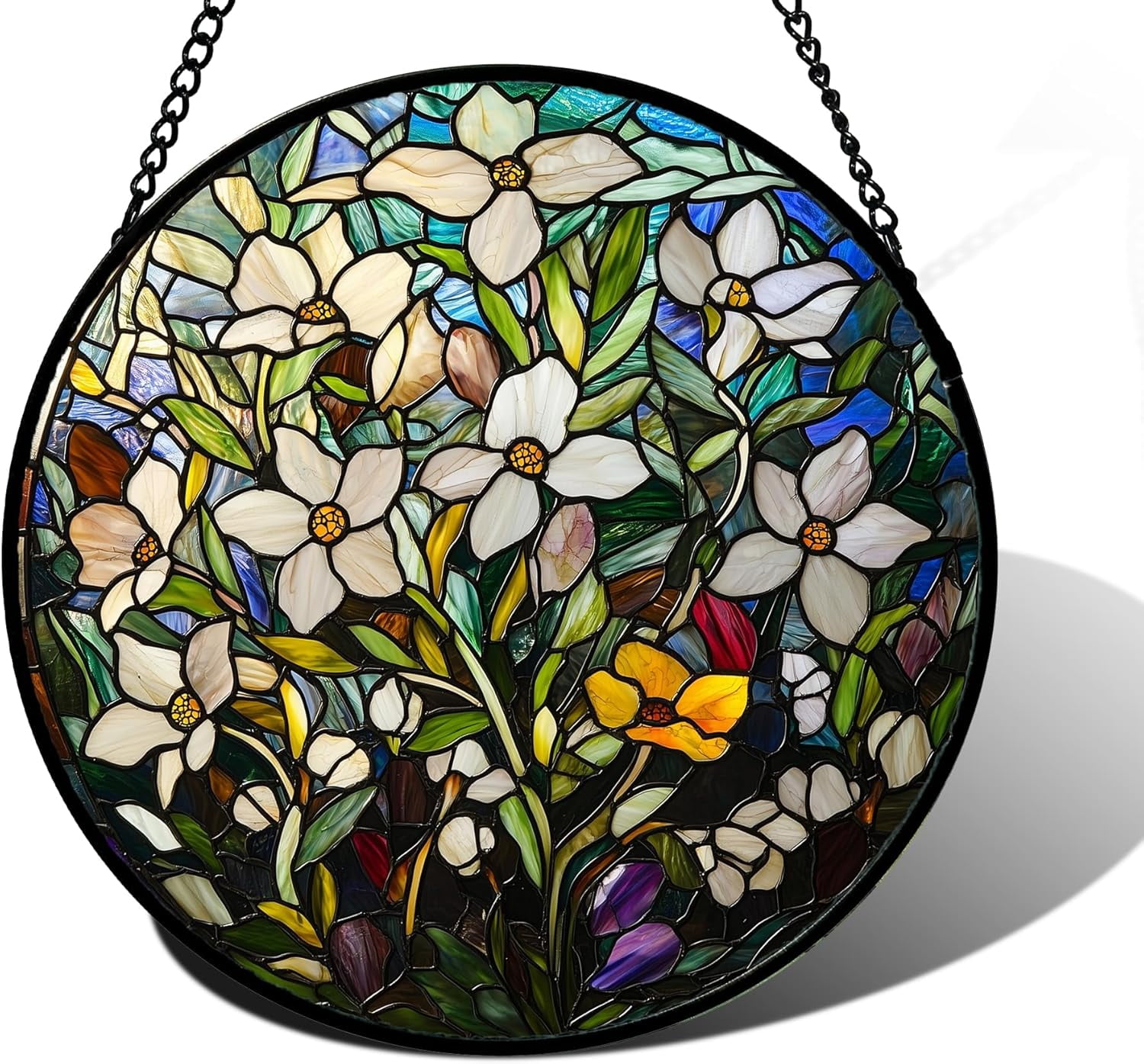 Stained Glass Window Hanging, Tiffany Flowers Blue and White Sun ...