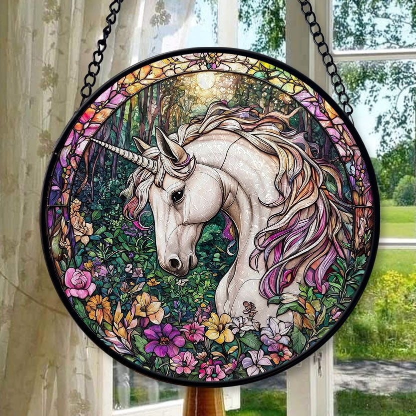 Stained Glass Window Hanging, Unicorn Flowers Suncatcher for Doors Home ...