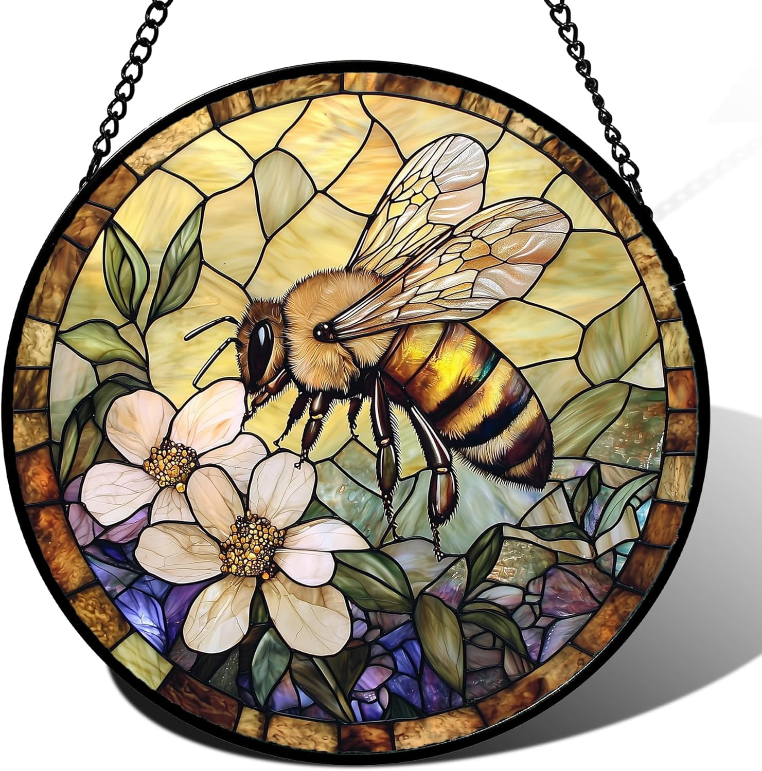 Stained Glass Window Hanging, Vintage Bee Yellow Flower Sun Catcher for ...