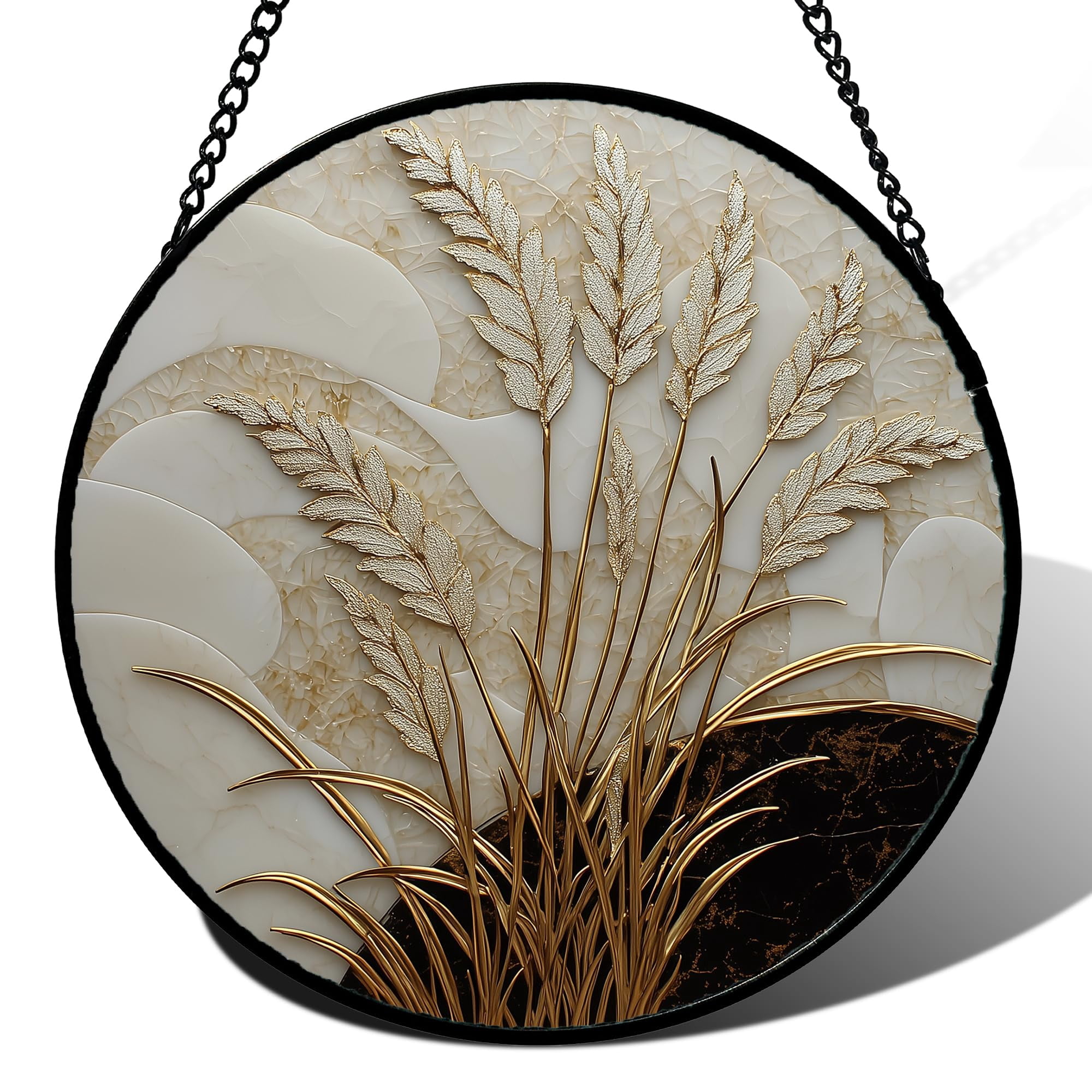 Stained Glass Window Hanging, White and Gold Abstract Wheat Ears and ...
