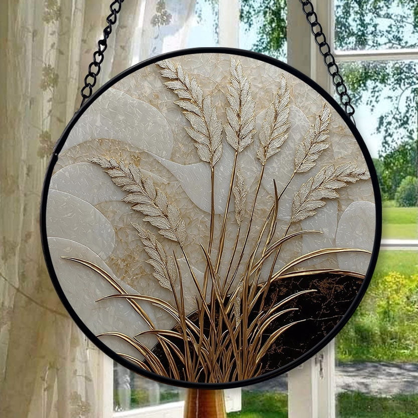 Stained Glass Window Hanging, White and Gold Abstract Wheat Ears and ...