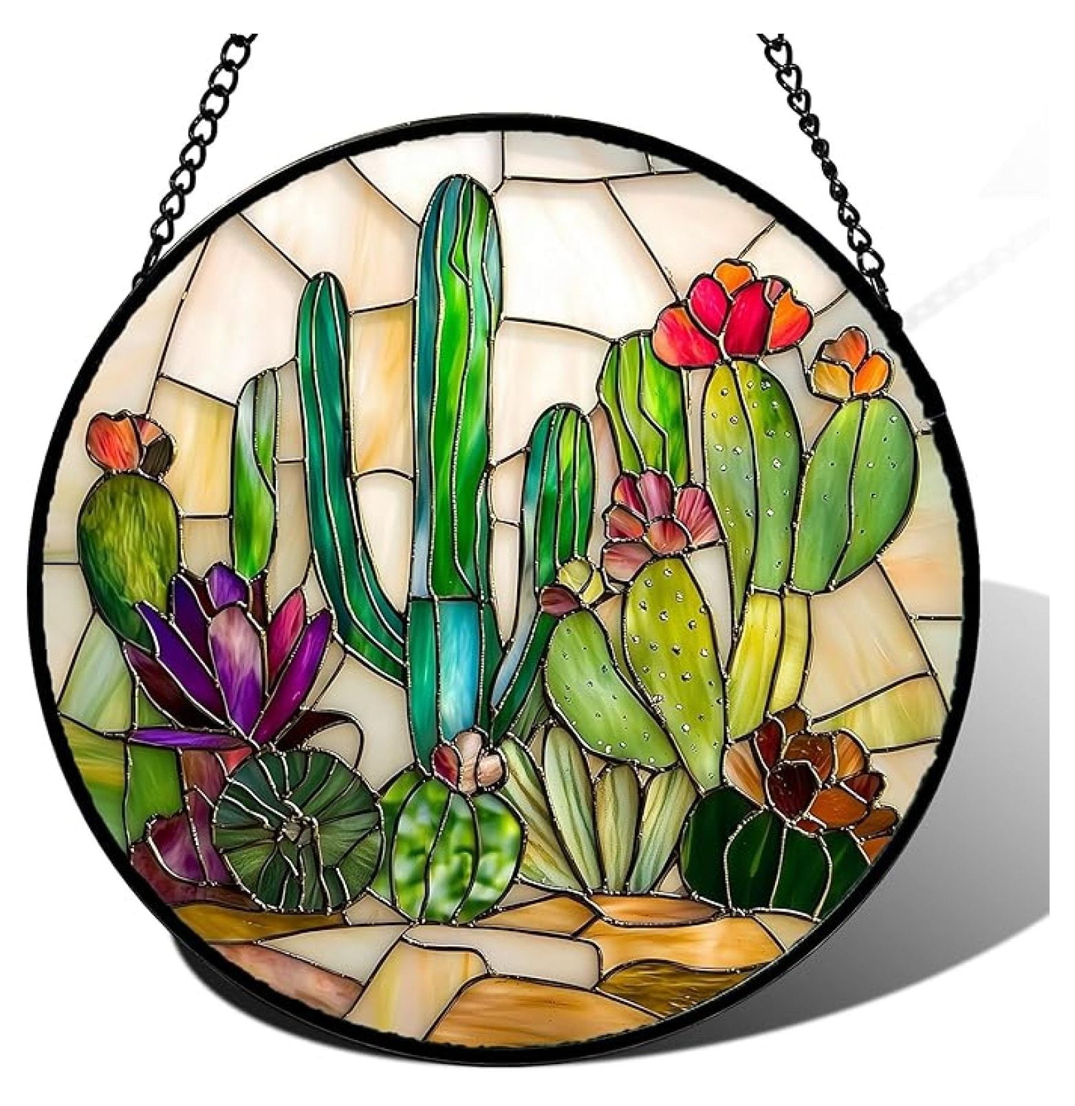 Stained Glass Window Hanging, White Green Cactus Suncatcher Glass Panel ...