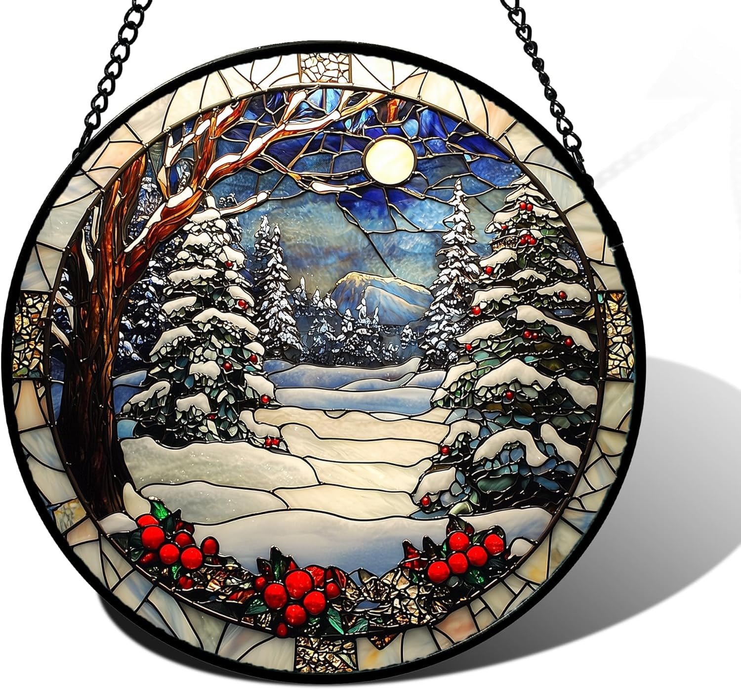 Stained Glass Window Hanging, Winter Snow Scene Sun Catchers Glass ...