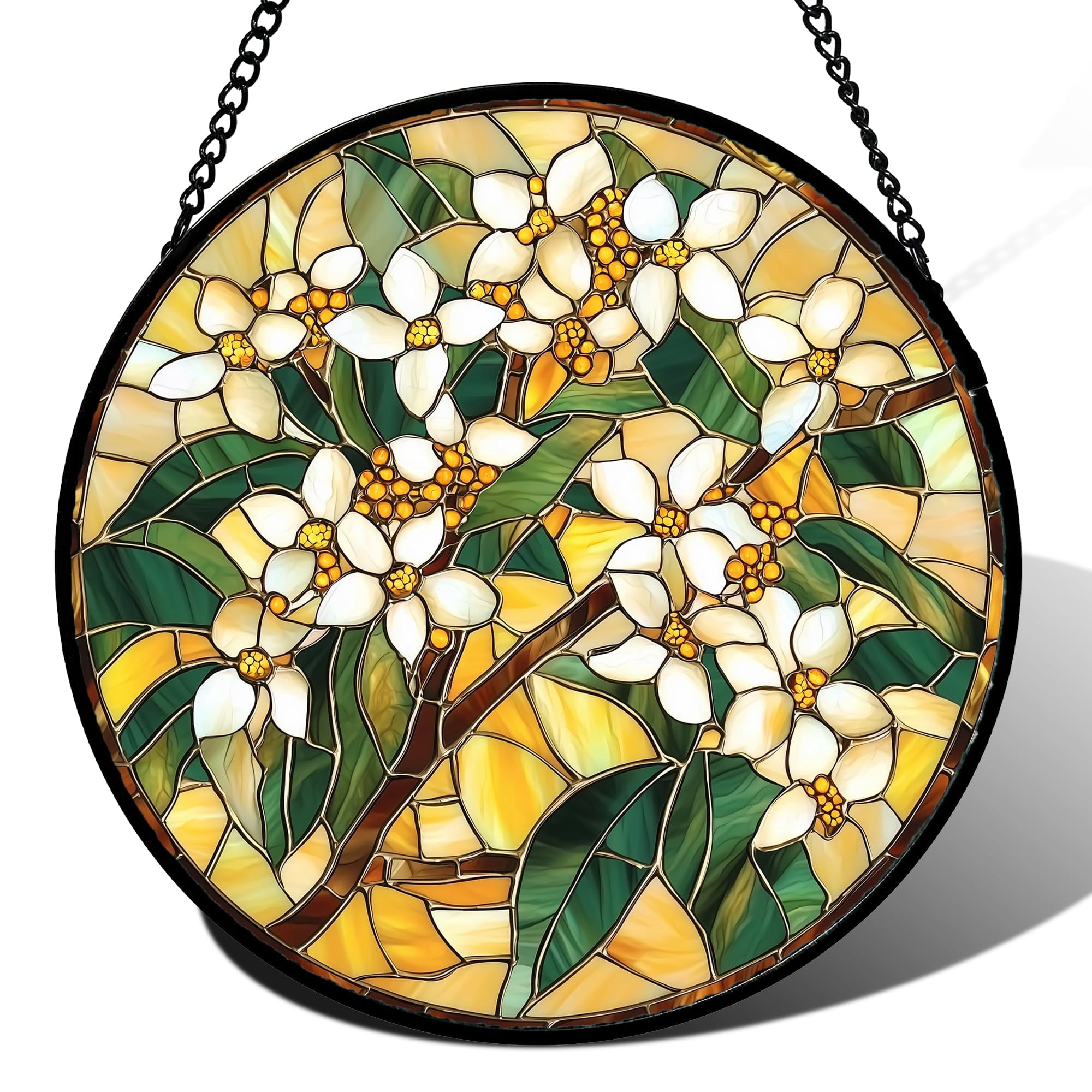 Stained Glass Window Hanging, Yellow White Green Flowers Suncatcher for ...
