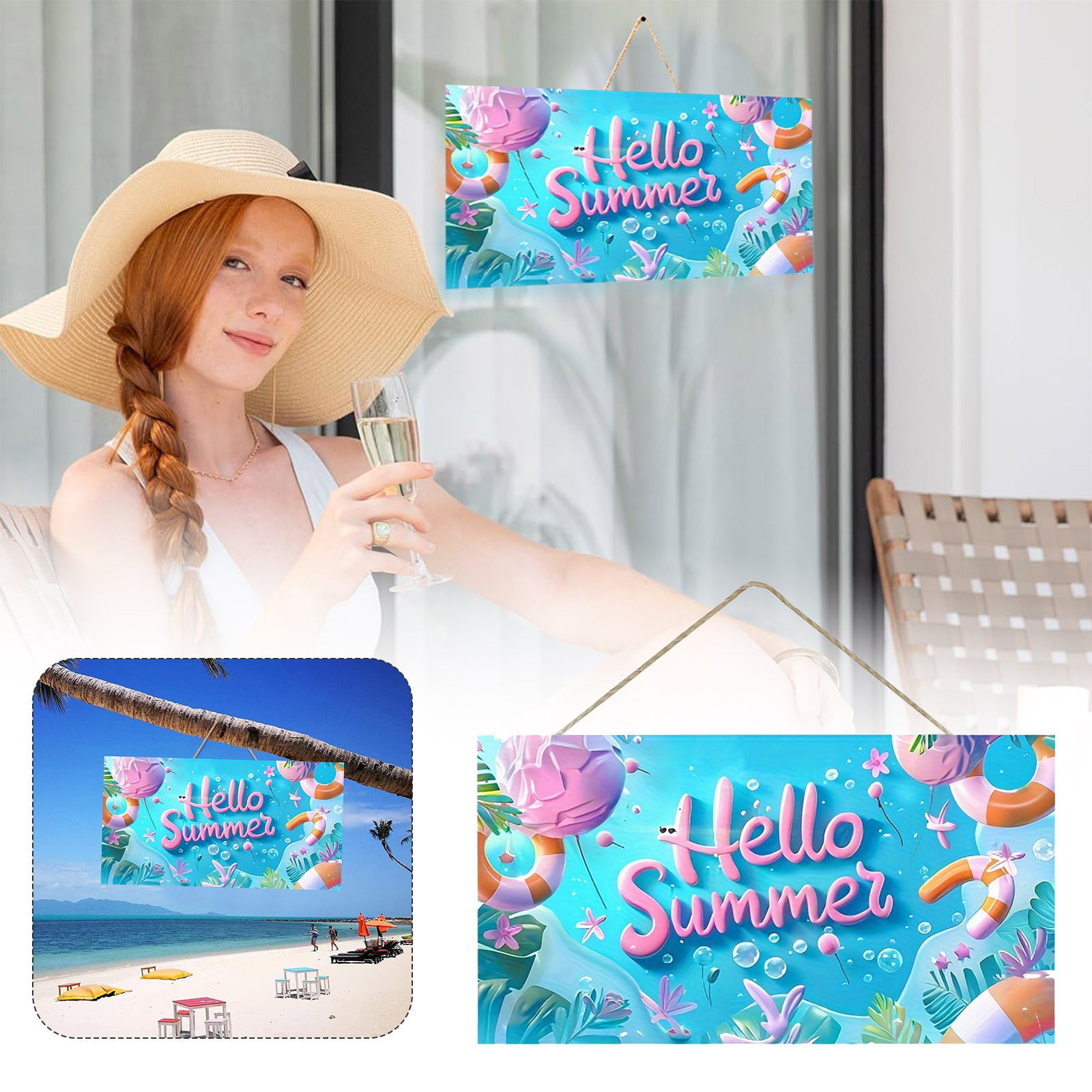 Stained Glass Window Hello Summer Wooden Doorplate Summer Welcome Sign ...