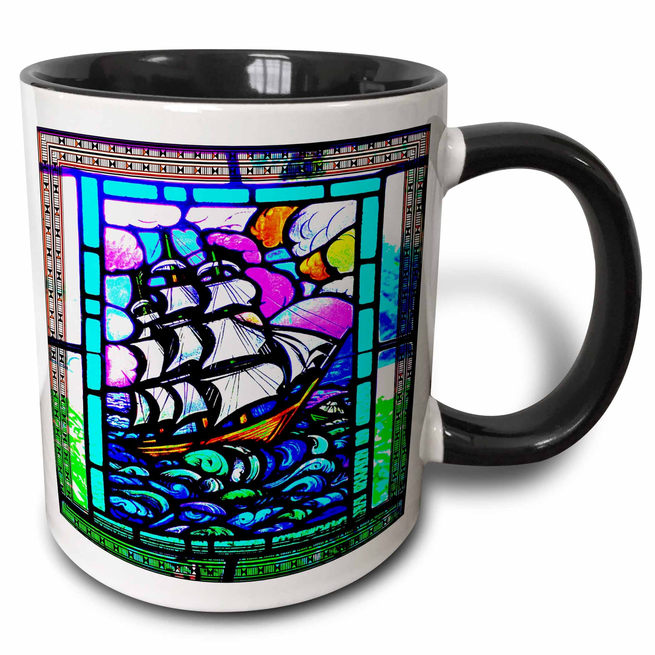 3drose, Stained Glass Window Look with Sailing Ship in a Splendid ...