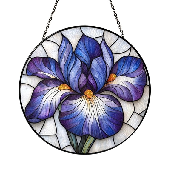 Stained Glass Window Panel Featuring Iris Flower, Elegant Blue and ...