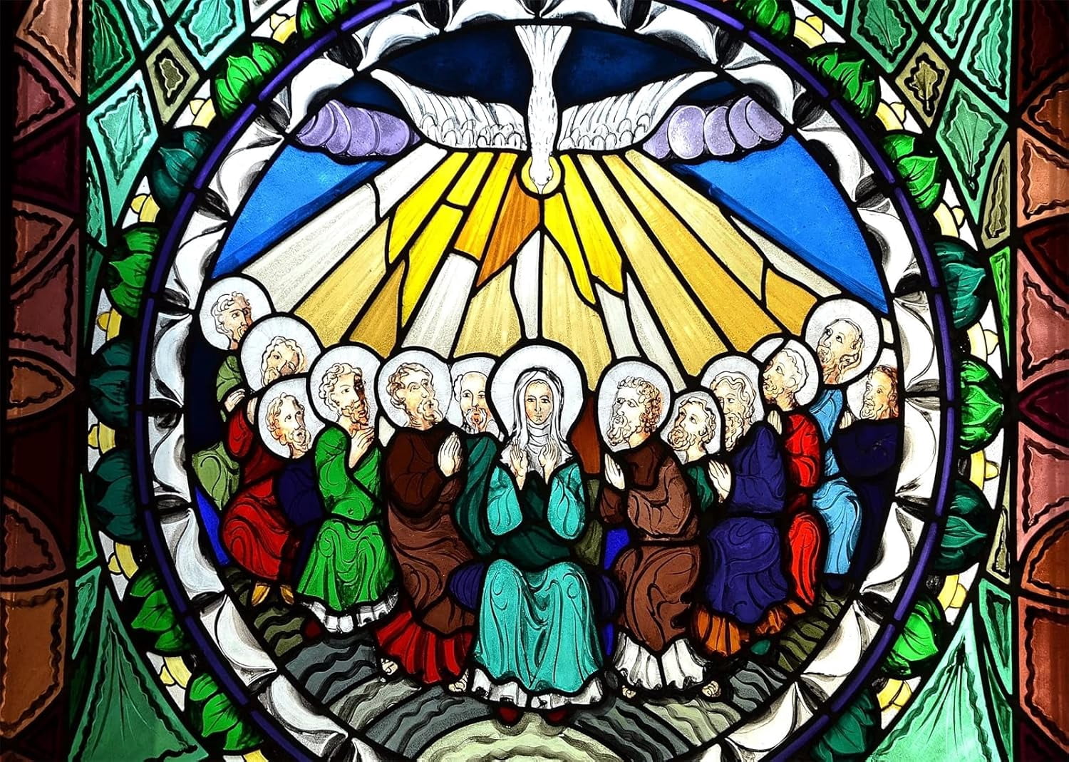 Stained Glass Window Pentecost Backdrop Peace Dove Holy Spirit on Jesus ...