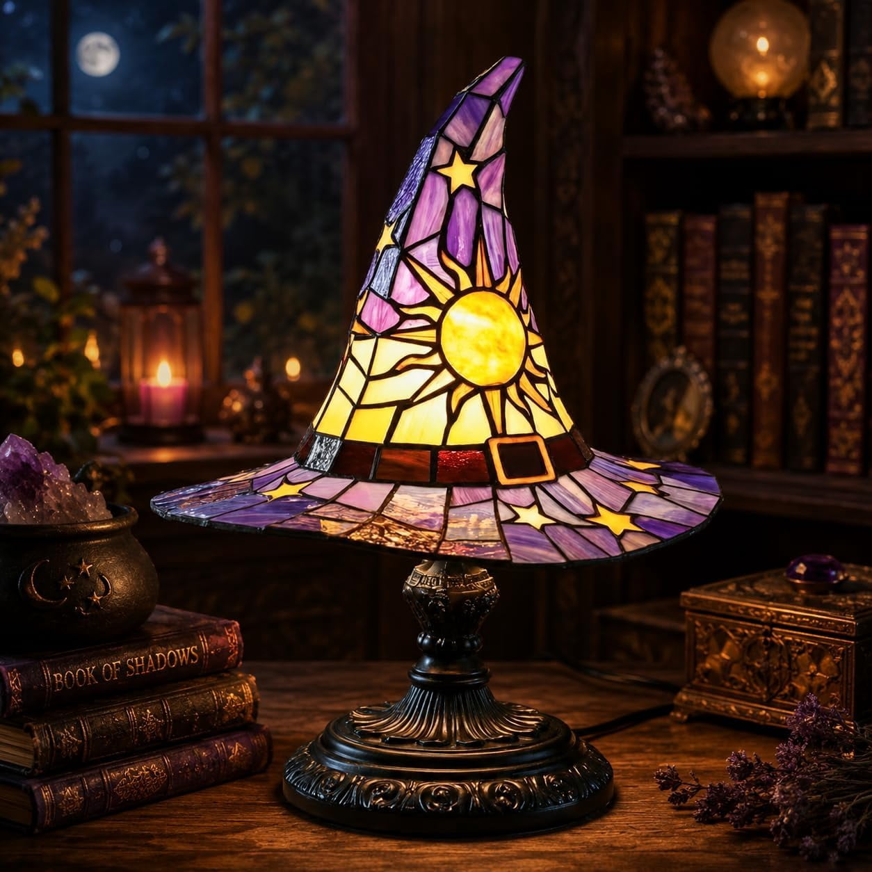 Stained Glass Witch Hat Lamp Style Resin Night Light, USB Powered ...