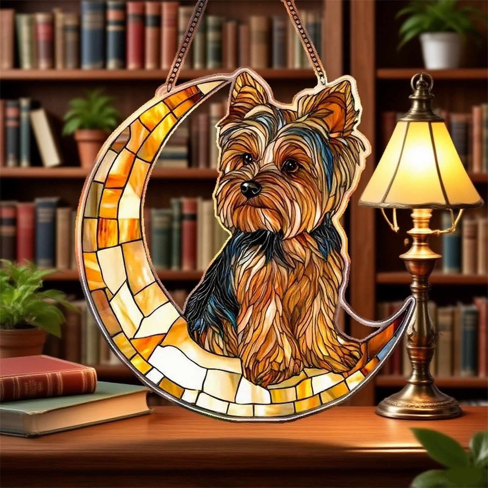 Stained Glass Yorkie Pendant with Golden Crescent Design, Lightweight Acrylic Pet Memorial Gift ...