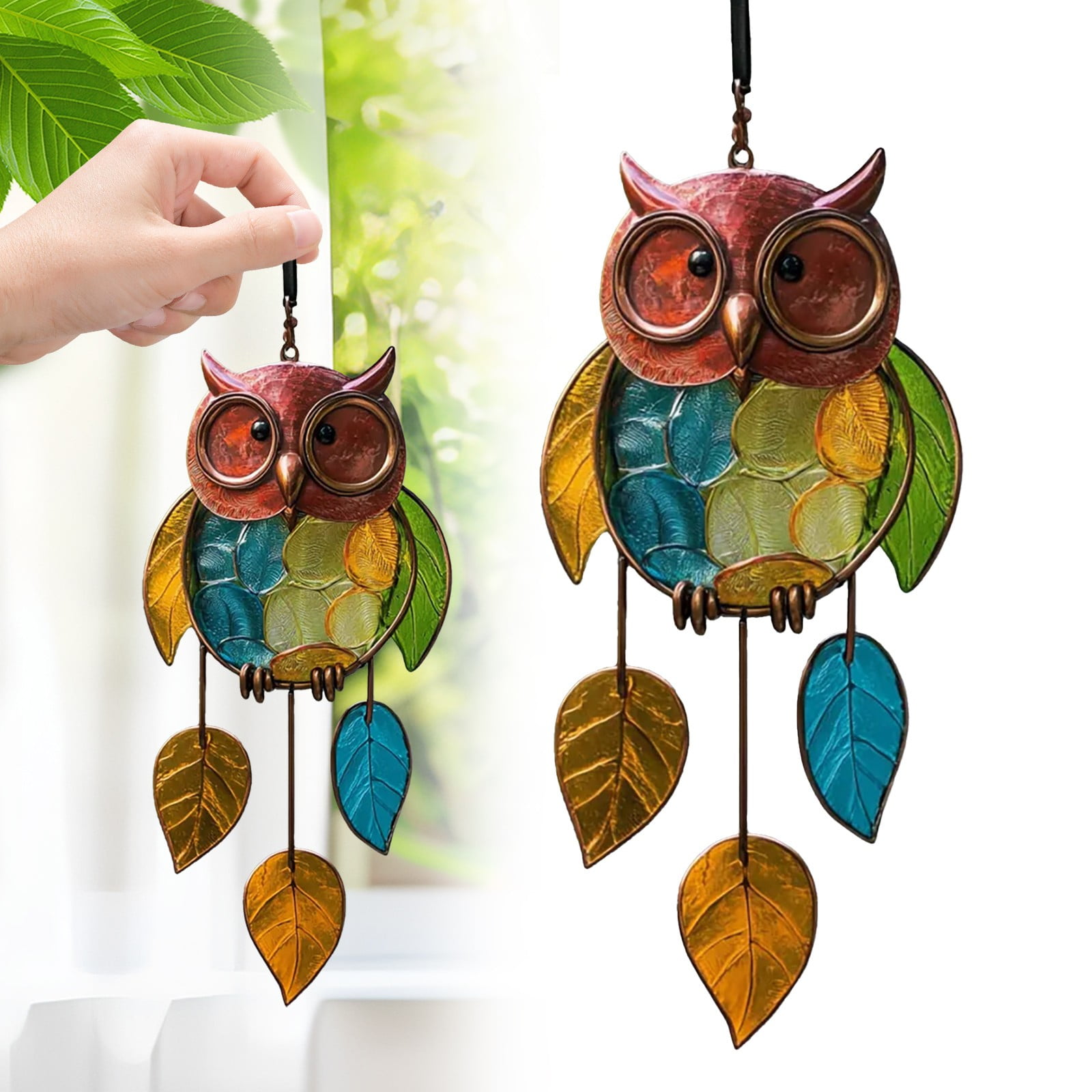 Stained Owl Hangings, Owl Colorful Leaves Birds Sun Catchers Panel ...