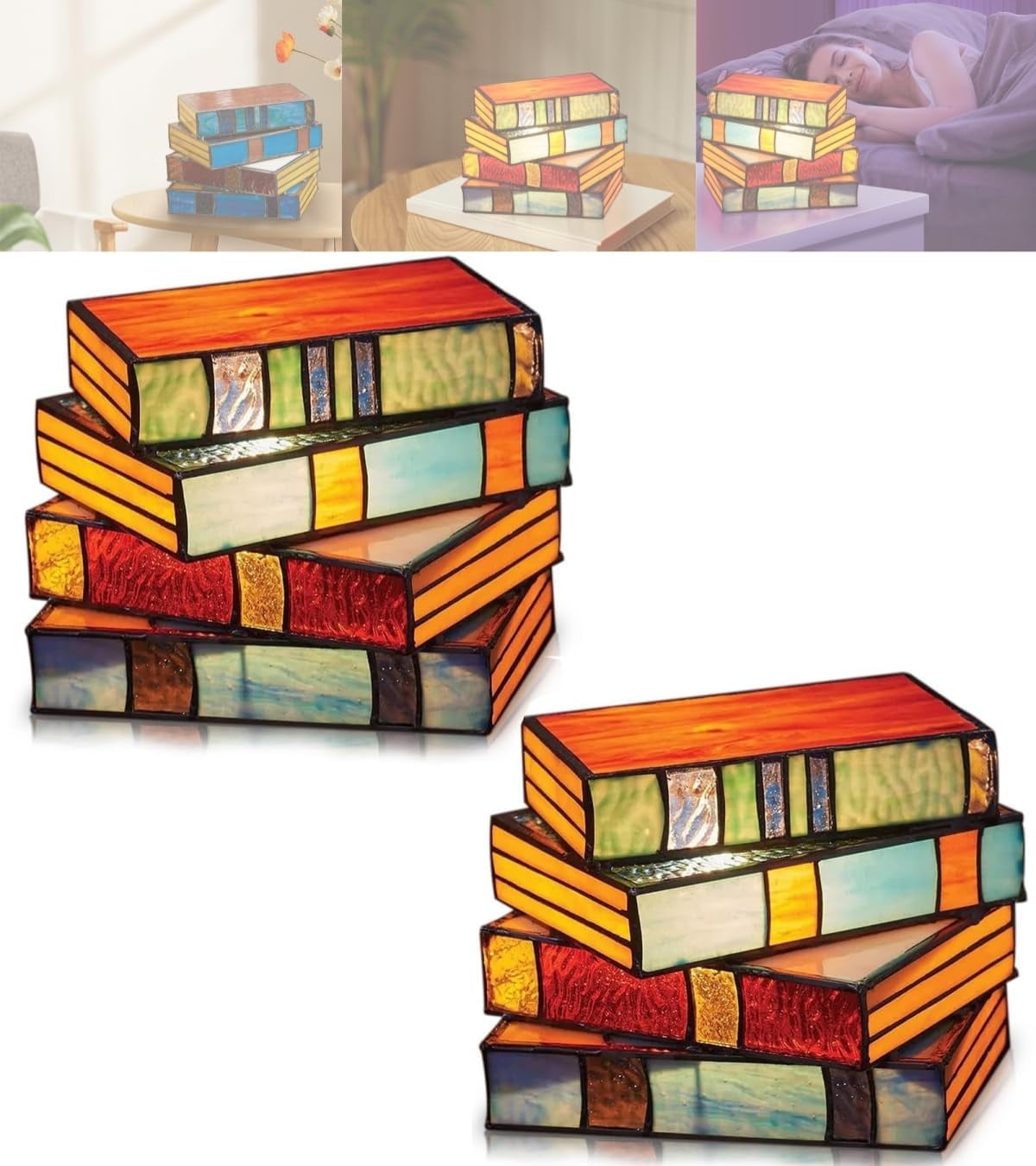 Stained Resin Stacked Books Table Lamp, Vintage Bedside Lamps, LED Book ...