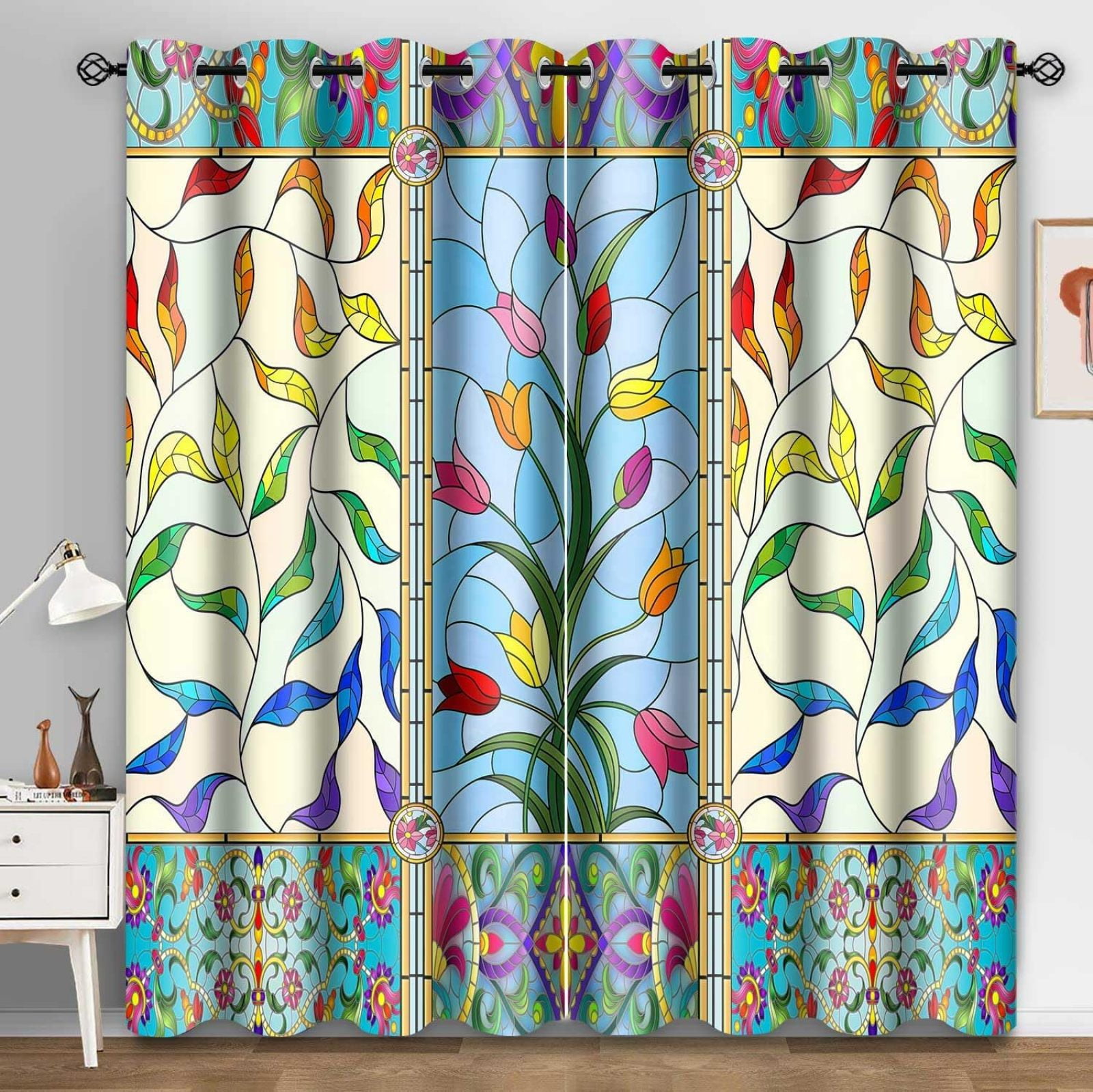 Stained Windows Curtains Bohemian Flowers Green Leaves Drape Exotic ...