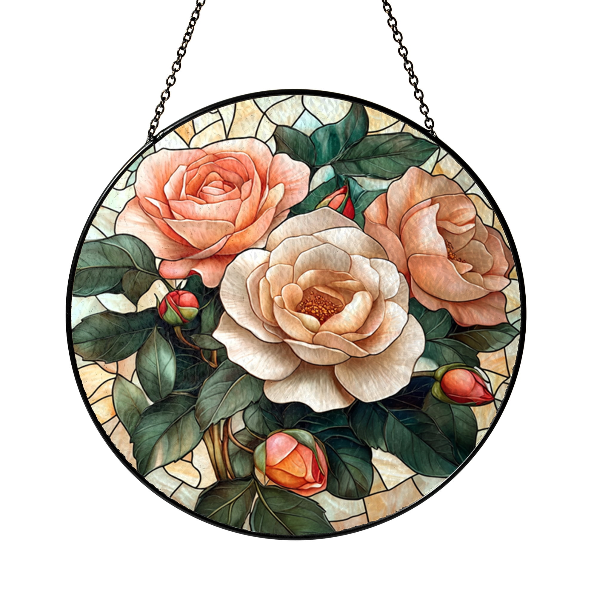 Stained glass style rose window panel, charming floral suncatcher for ...