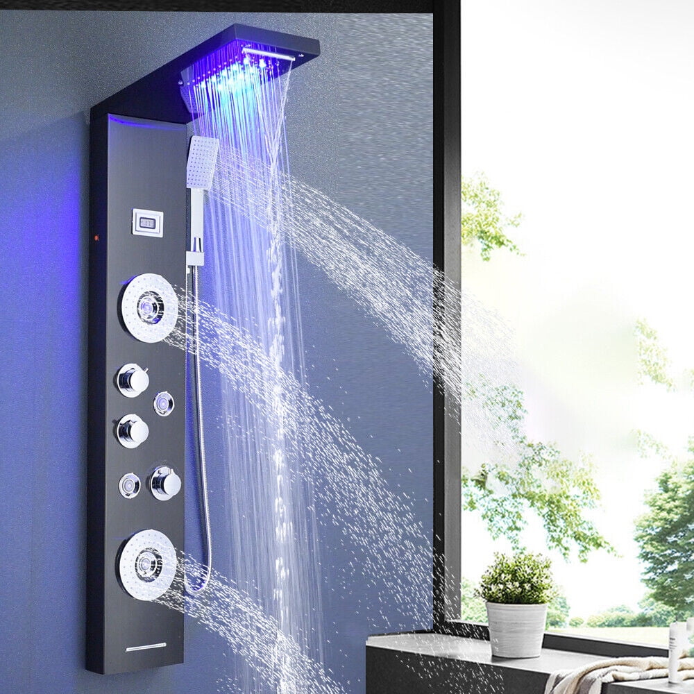 Stainless Black LED Shower Panel Tower System Rain&Waterfall Massage ...