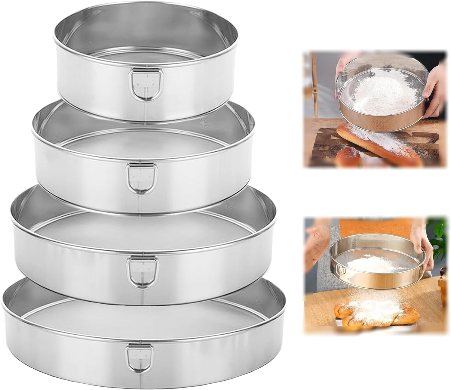 Stainless Flour Sifter Set of 4 : 60 Mesh Flour Sieve Round Sifter for ...