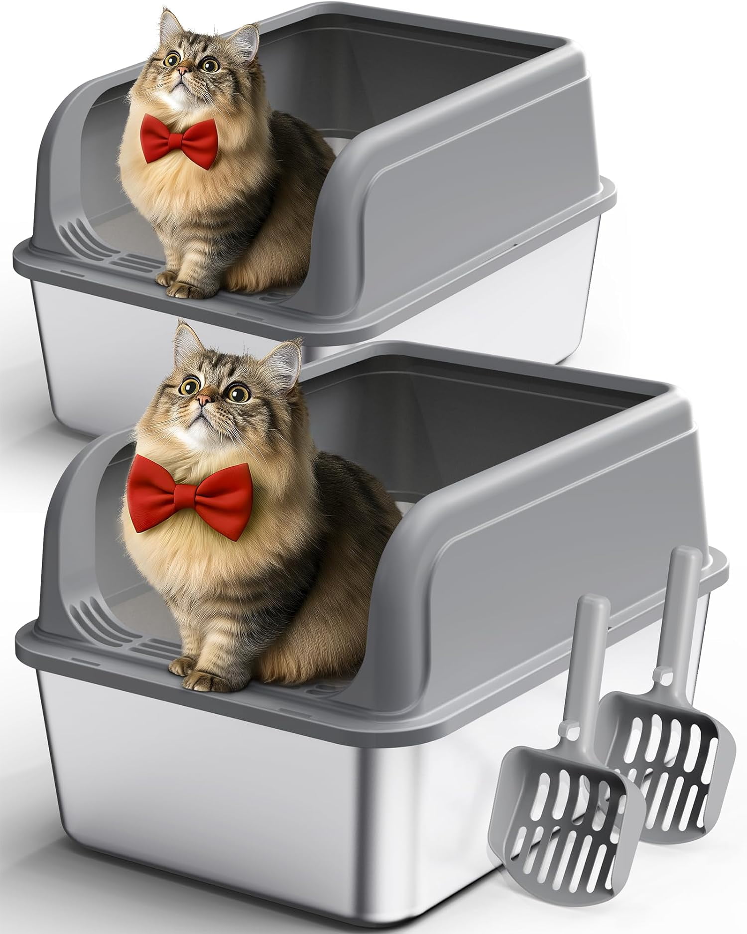 Stainless Litter Box, Kitty Litter Box with Scoop, Anti-Leakage Entry ...