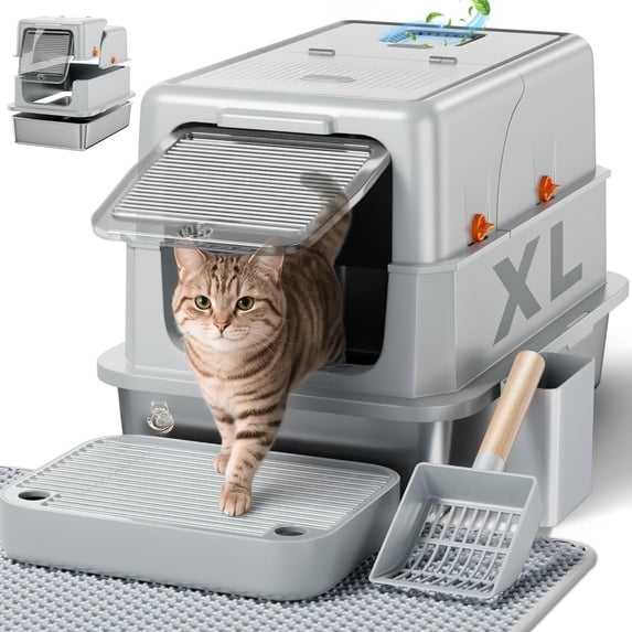 Stainless Litter Box with Lid - XL Enclosed Litter Box for Cats with ...