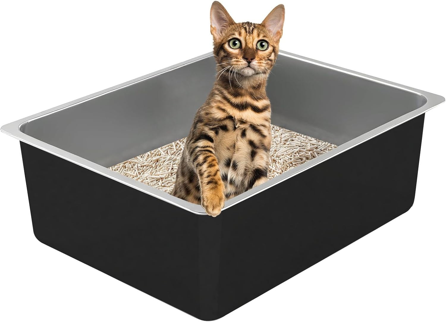 Stainless Litter Box - Medium to Large High Sided Litter Pan Tray, Easy ...