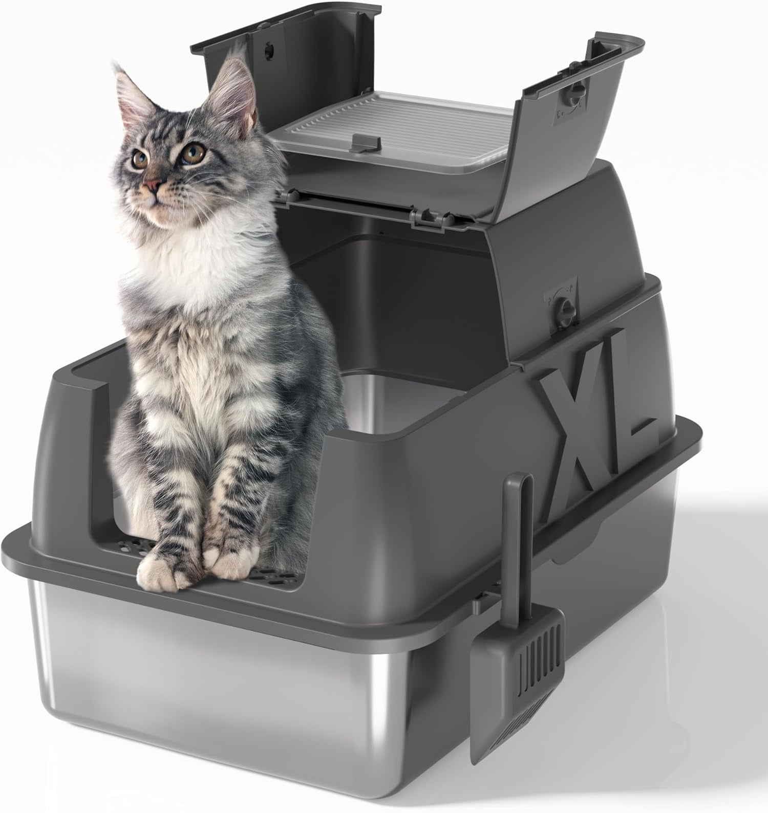 Stainless Litter Box with Lid - XL 18" Deep for Big Cats,180? Flip ...