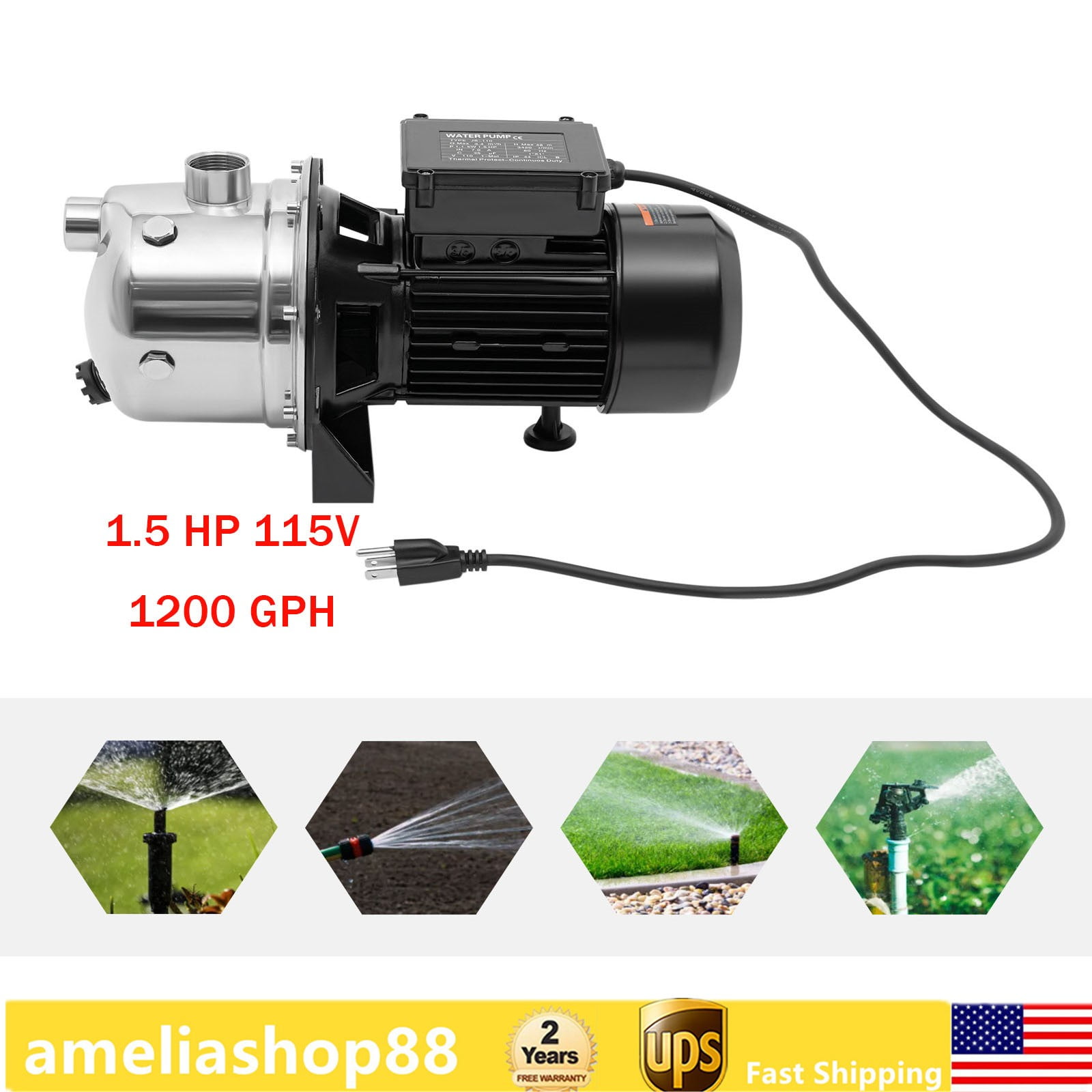 Stainless Shallow Well Pump Garden Lawn Irrigation Water Jet Pump 1.5 ...
