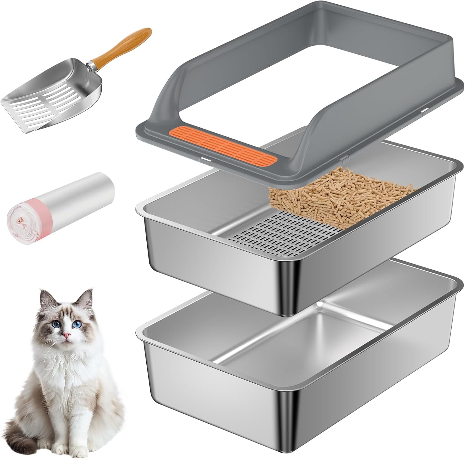 Stainless Sifting Litter Box with Lid, Medium Sifting Litter Box for ...