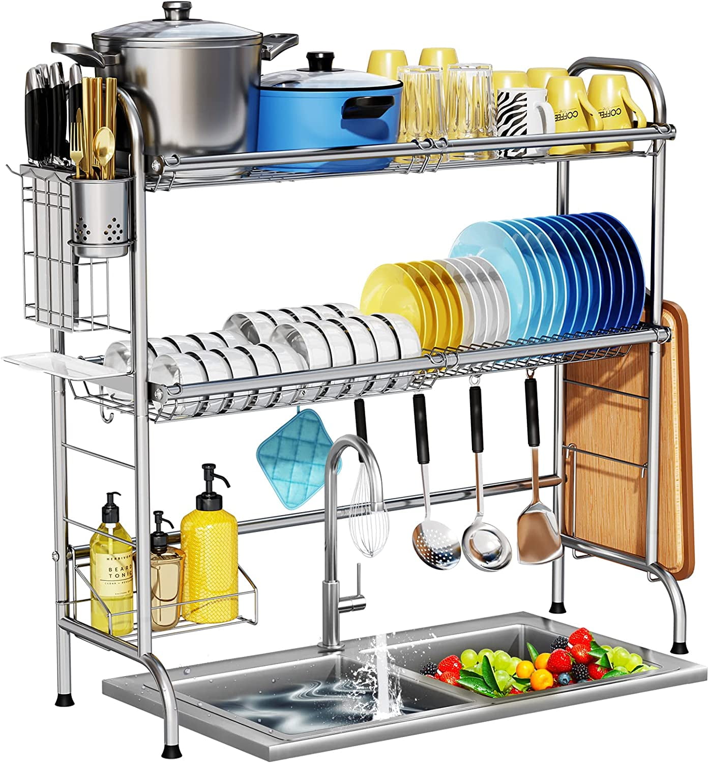 Stainless Steel 2-Tier Over The Sink Dish Drying Rack with Utensil ...