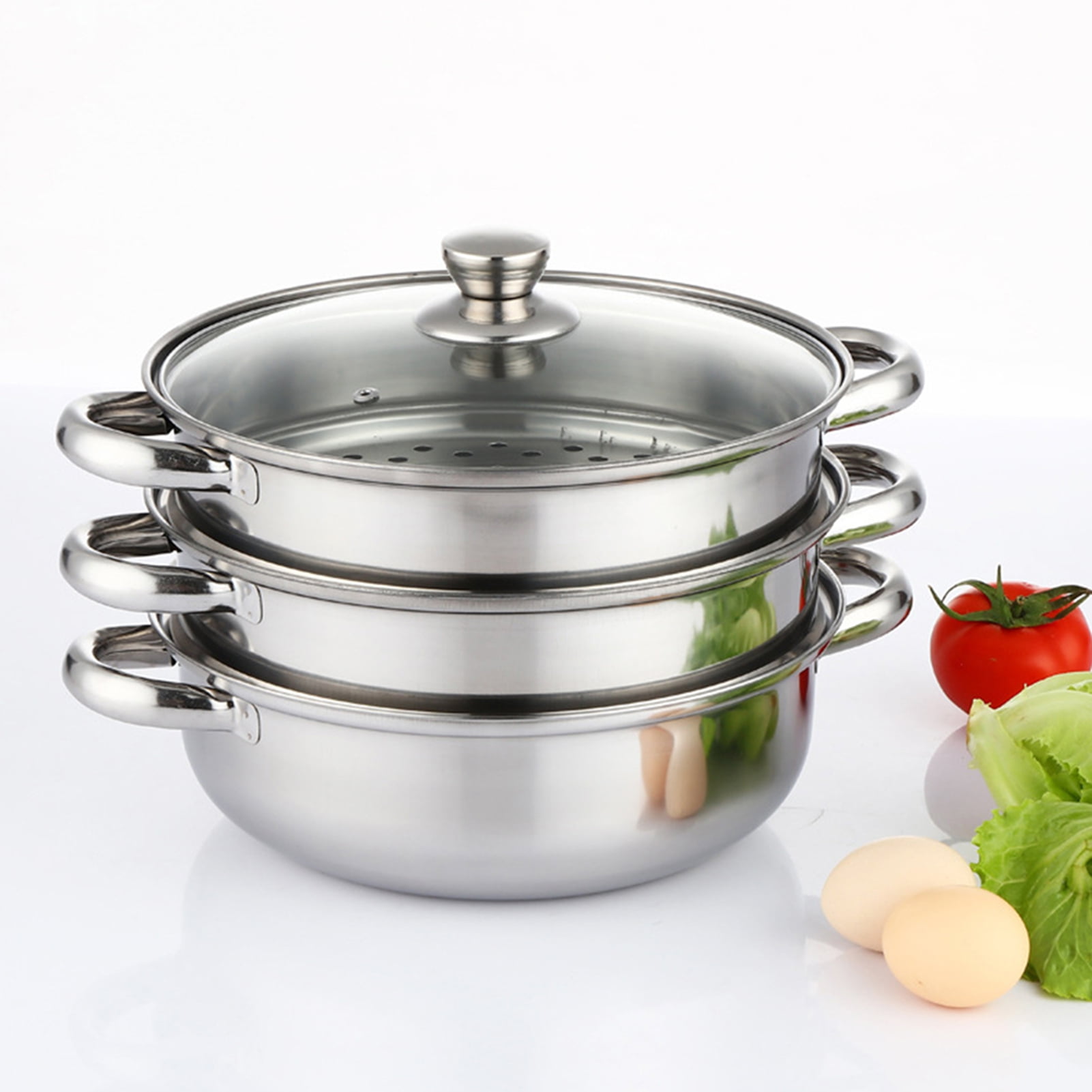 Stainless Steel 3-Tier Steamer Pot Set with Lid - Stackable, Space ...