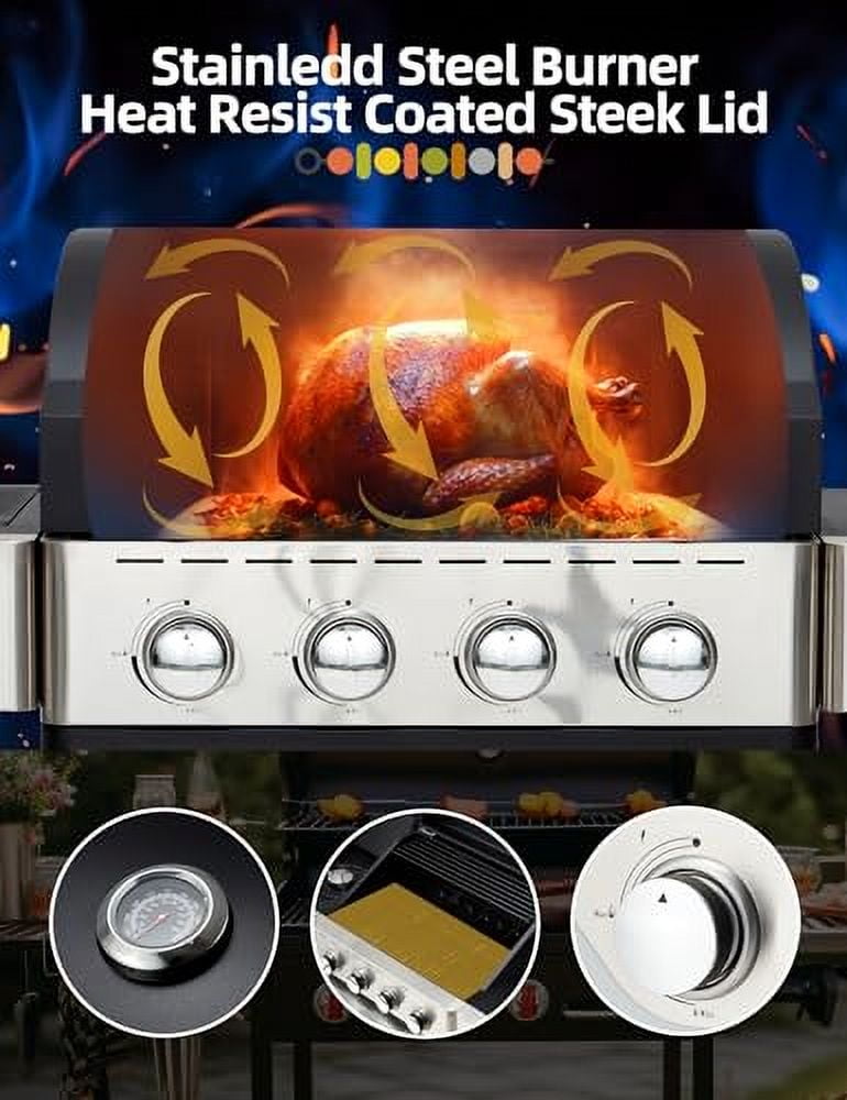 Stainless Steel 4 Burner Gas Grill, 42,000 BTU Output BBQ Grill Propane ...