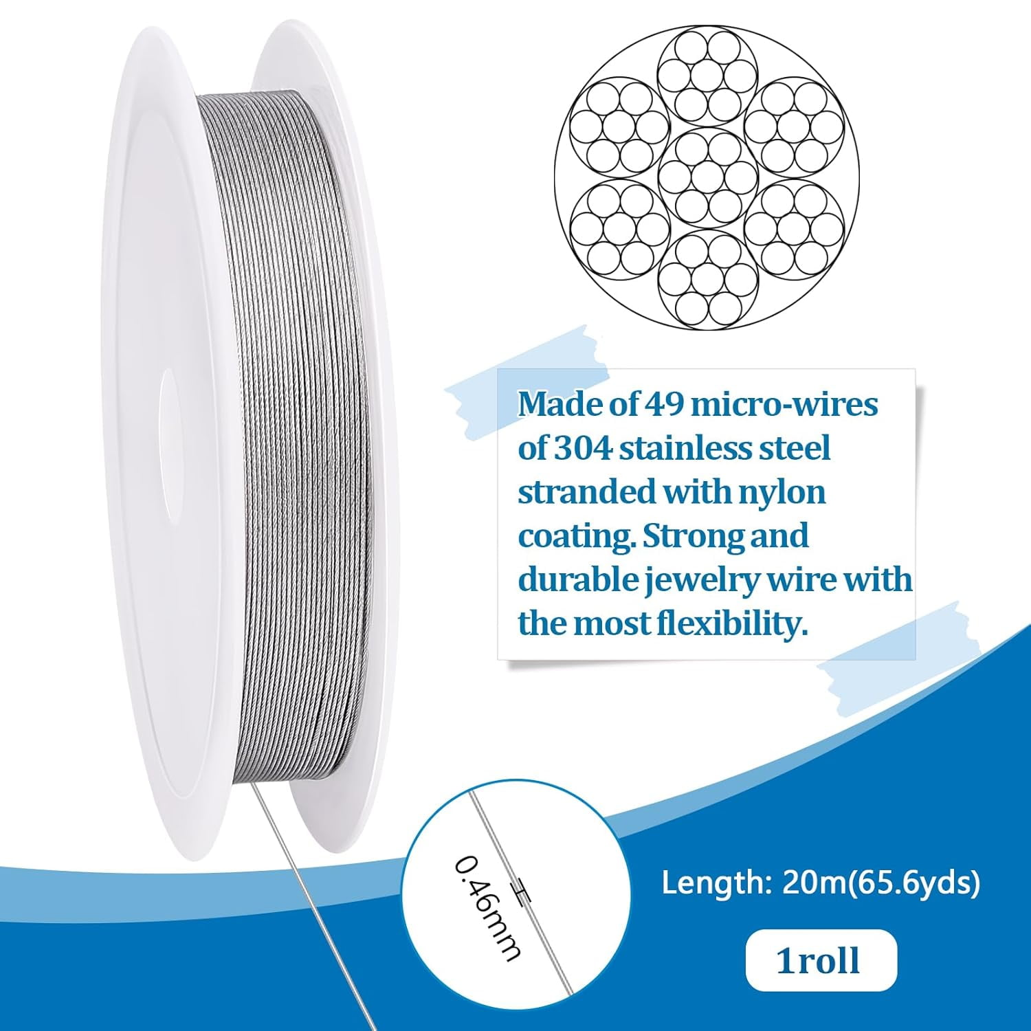 Stainless Steel 49 Strands Beading Wire 65.6 FT 304 Stainless Steel ...