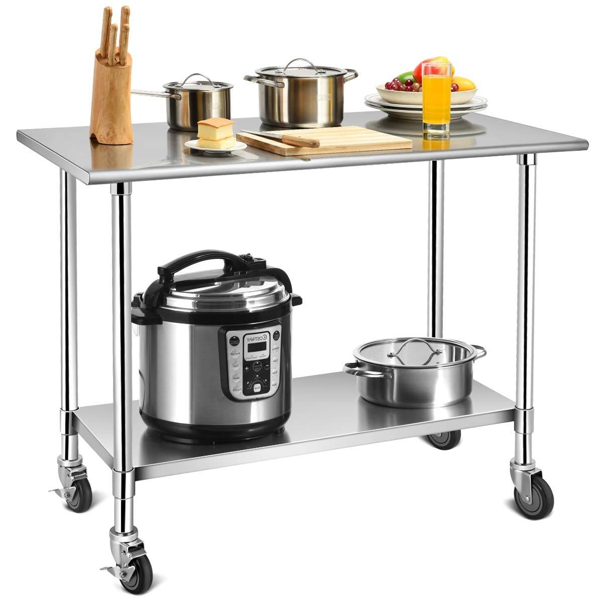 Stainless Steel 4ft x 2ft Kitchen Cart Table on Wheels with Adjustable ...