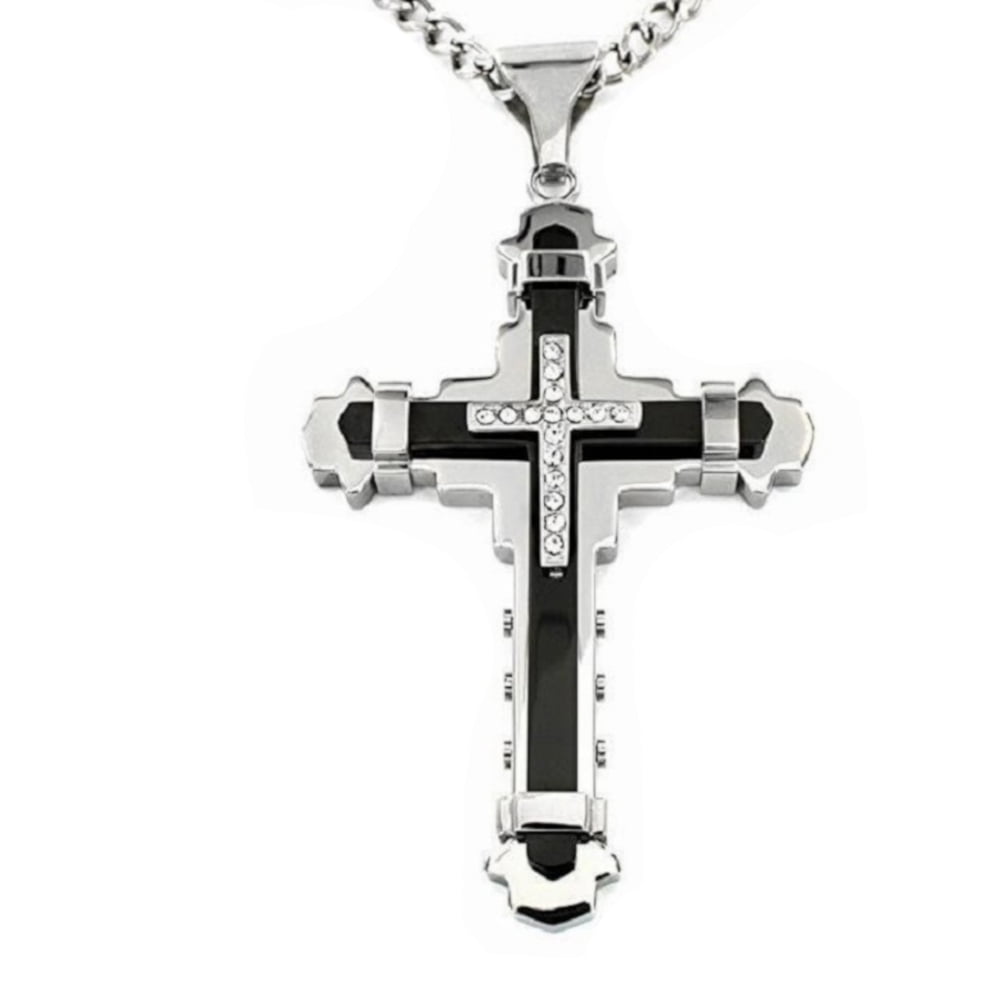 Stainless Steel Alloy Gunmetal Black and Silver Crystal Cross, J-184-D ...