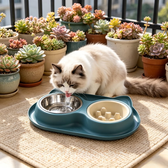 Stainless Steel Anti Choke Double Dog Cat Bowl, Slow Feeding Column ...