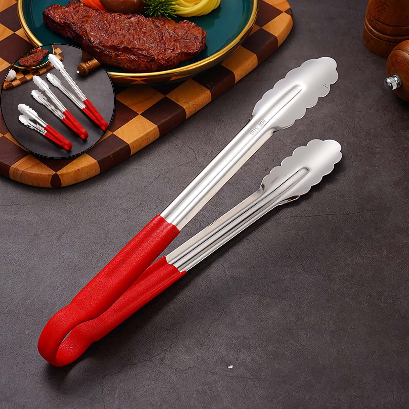 Stainless Steel BBQ Grill Tongs, Red-Handled Food Turning Clips ...