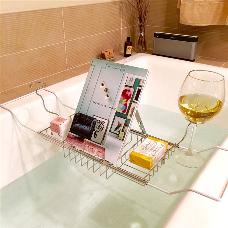Stainless Steel Bathtub Caddy Tray Tub Removable Wine Glass Holders and ...