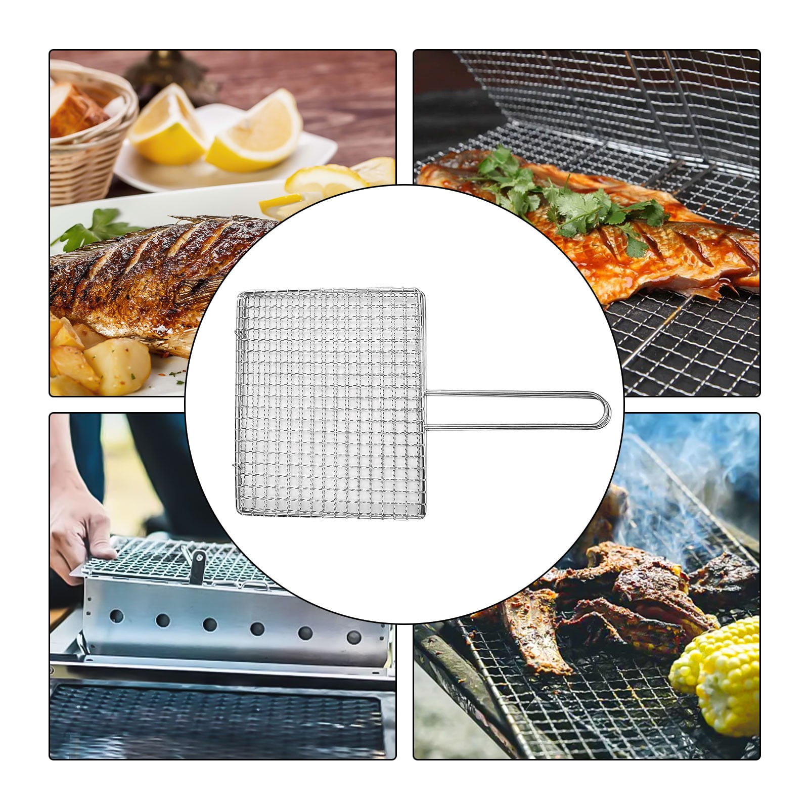 Stainless Steel Bbq Grid Net Meat Fish Net With Handle Grilling Basket ...