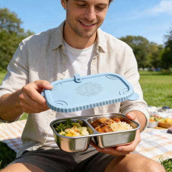 Stainless Steel Bento Lunch Box 2 Compartment Snack Box Spill Proof ...