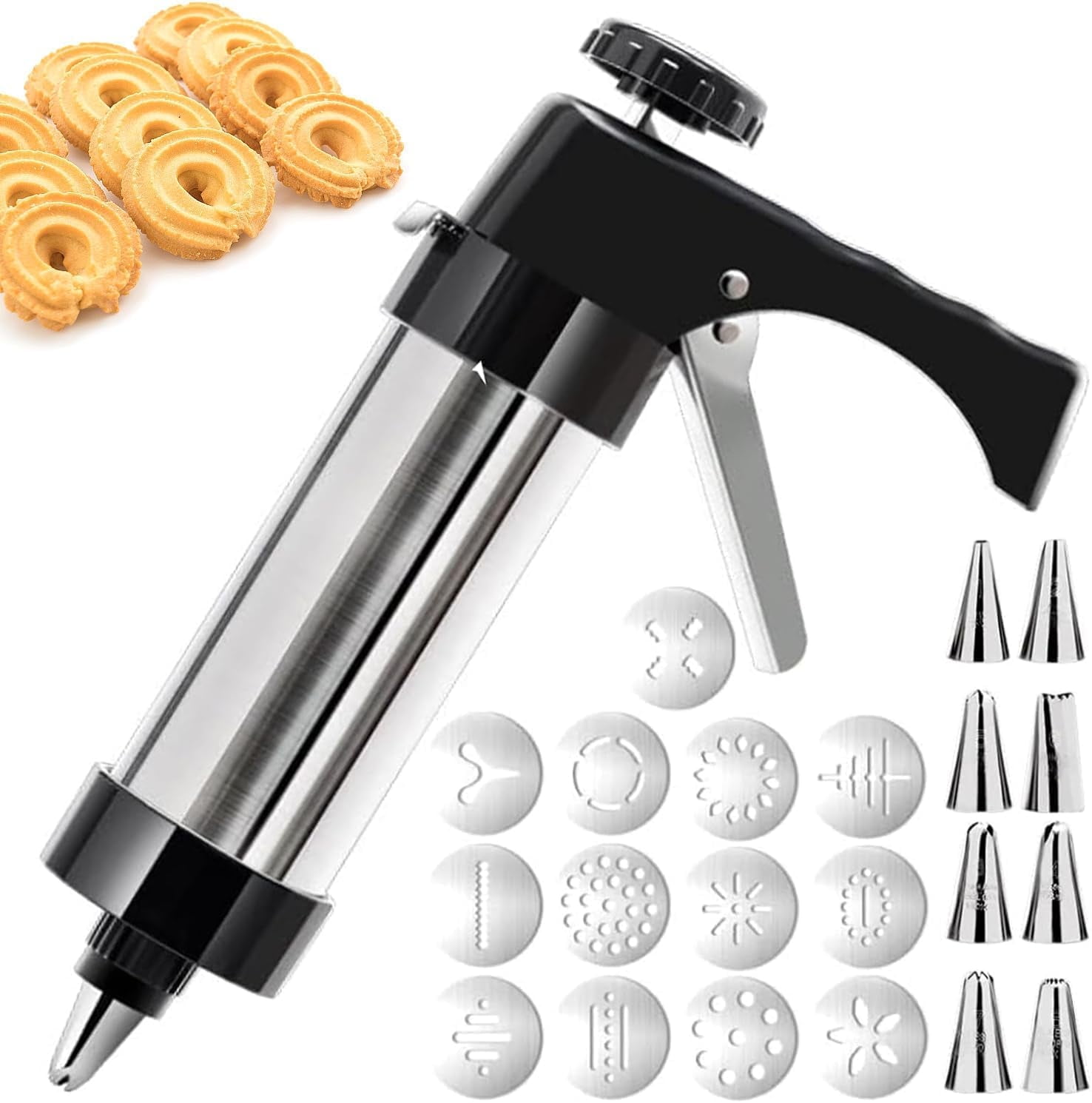 Stainless Steel Biscuit Press Gun Kit - Includes 13 Biscuit Trays & 8 ...
