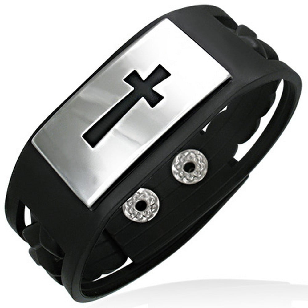 Stainless Steel Black Rubber Silicone Braided Cross Religious Snap Mens ...