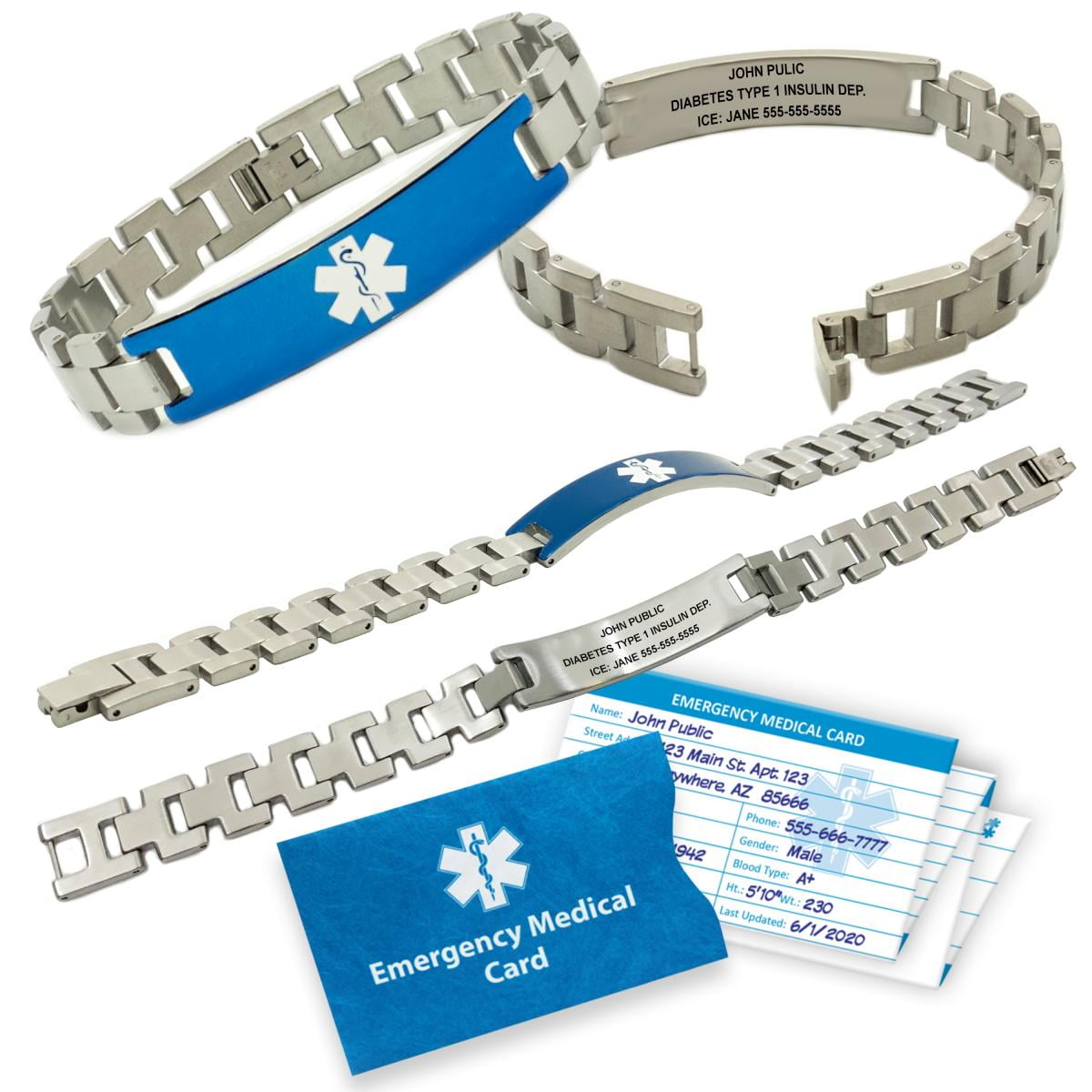 Stainless Steel Box Link Men's Medical Alert Bracelet w. Blue Accents ...