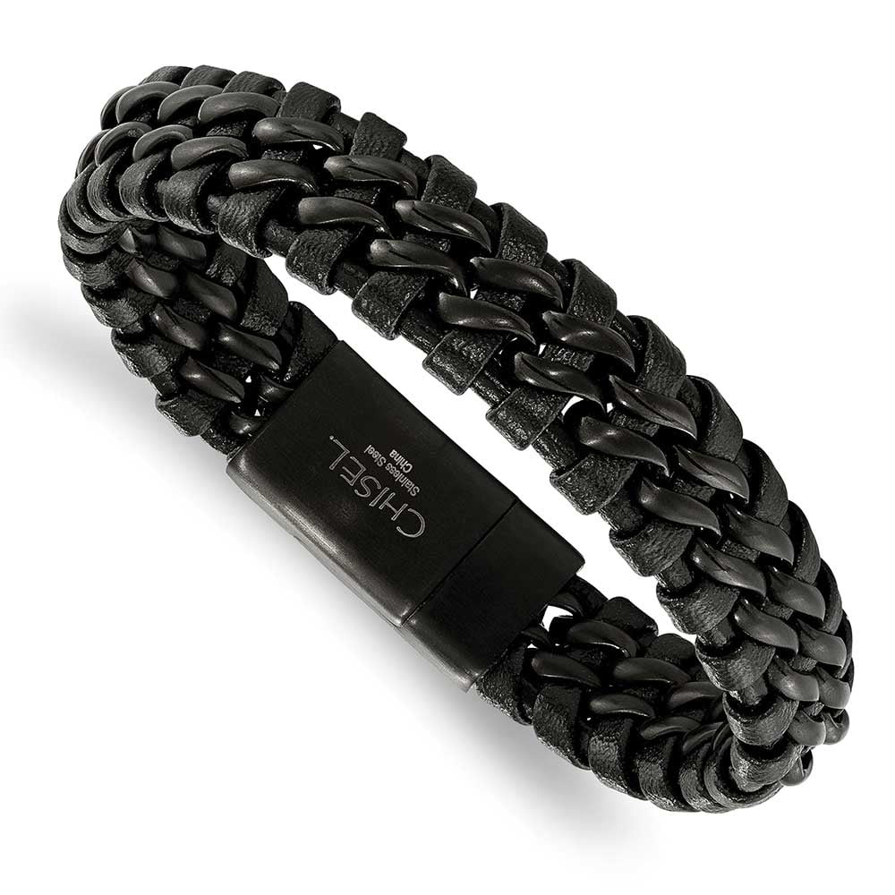 Stainless Steel Brushed Black IP-plated Black Leather 8.5in Bracelet ...