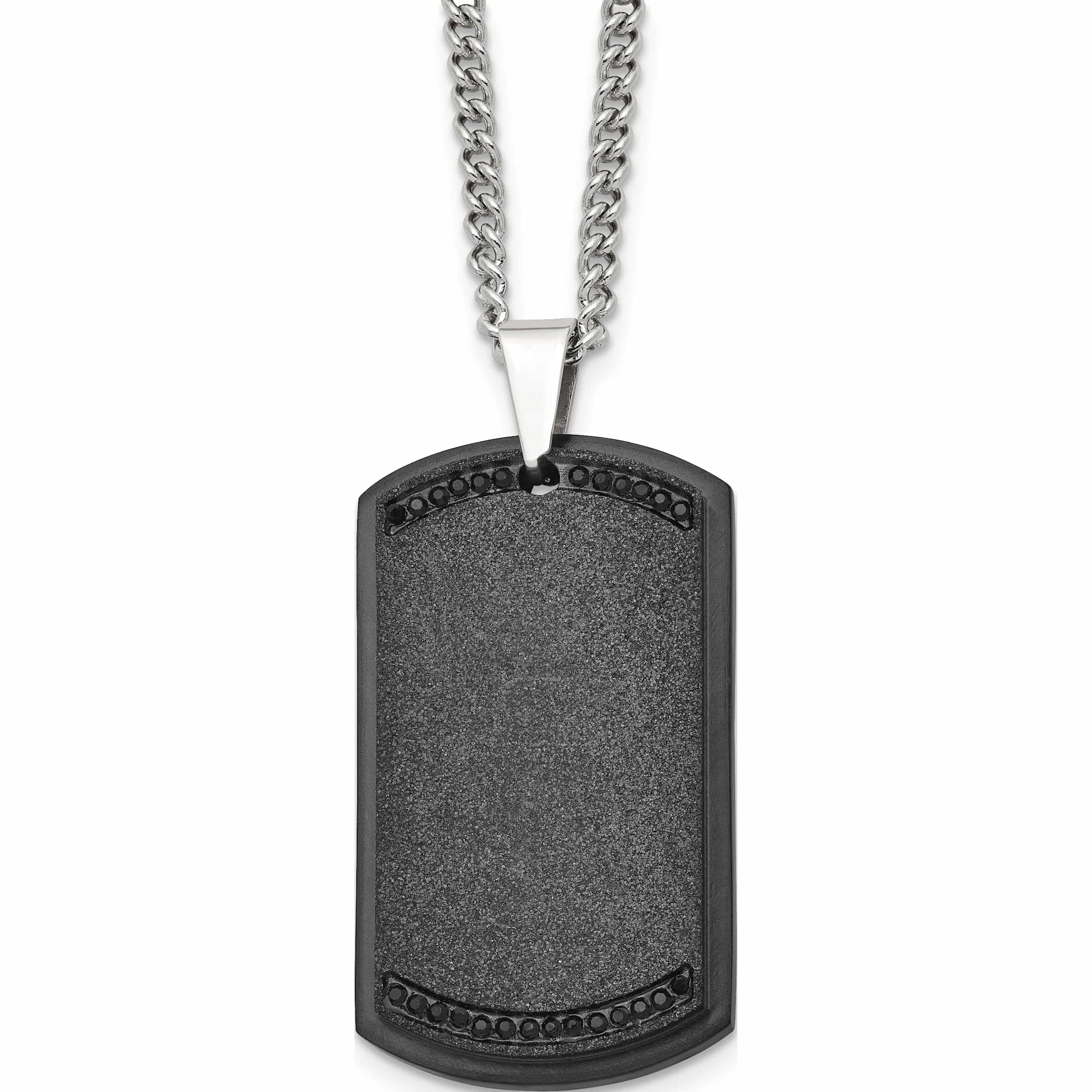 Stainless Steel Brushed Laser Cut Black Ip With Cz Dog Tag Necklace ...