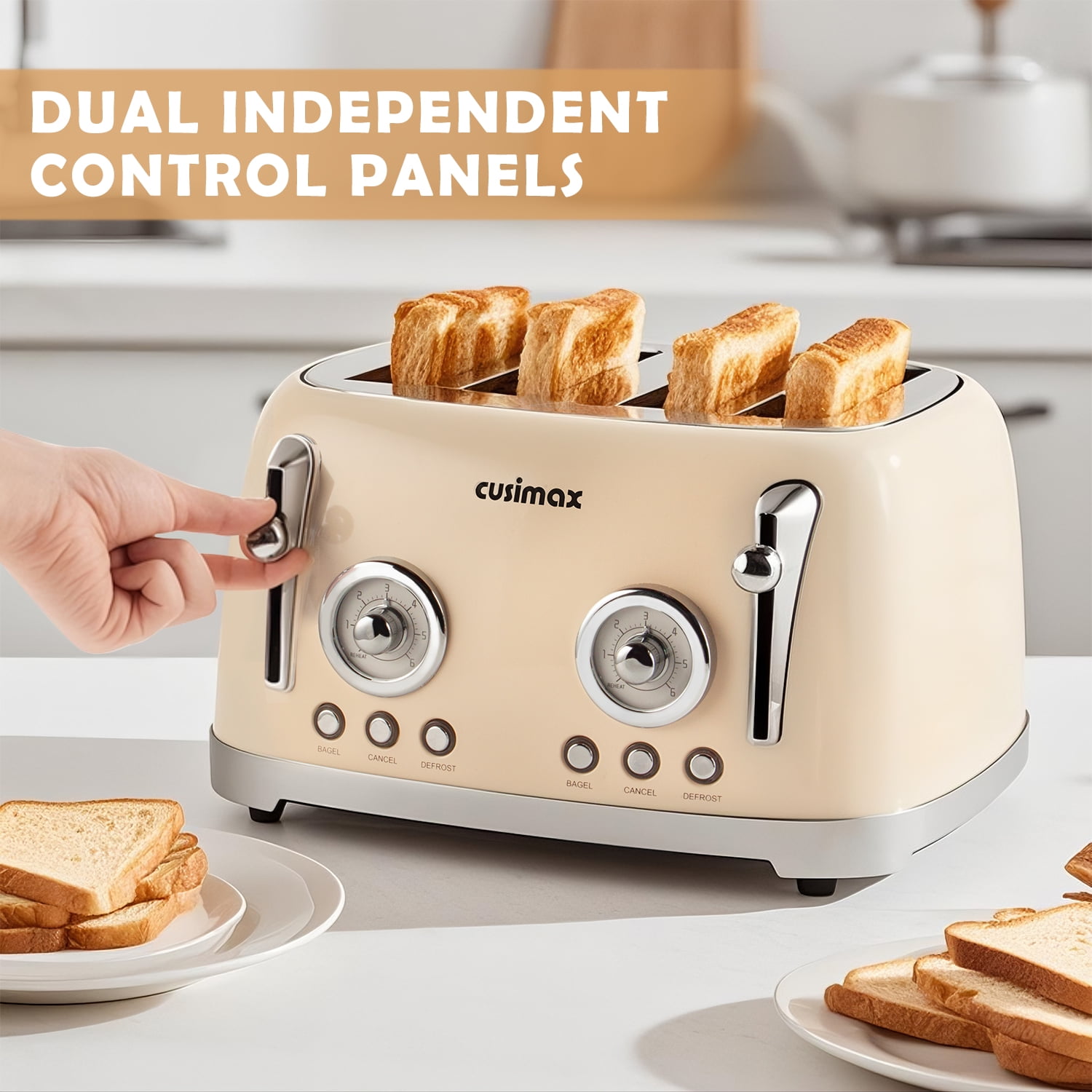 Stainless Steel CUSIMAX 4-Slice Toaster: Extra-Wide Slots, Ultra-Clear ...