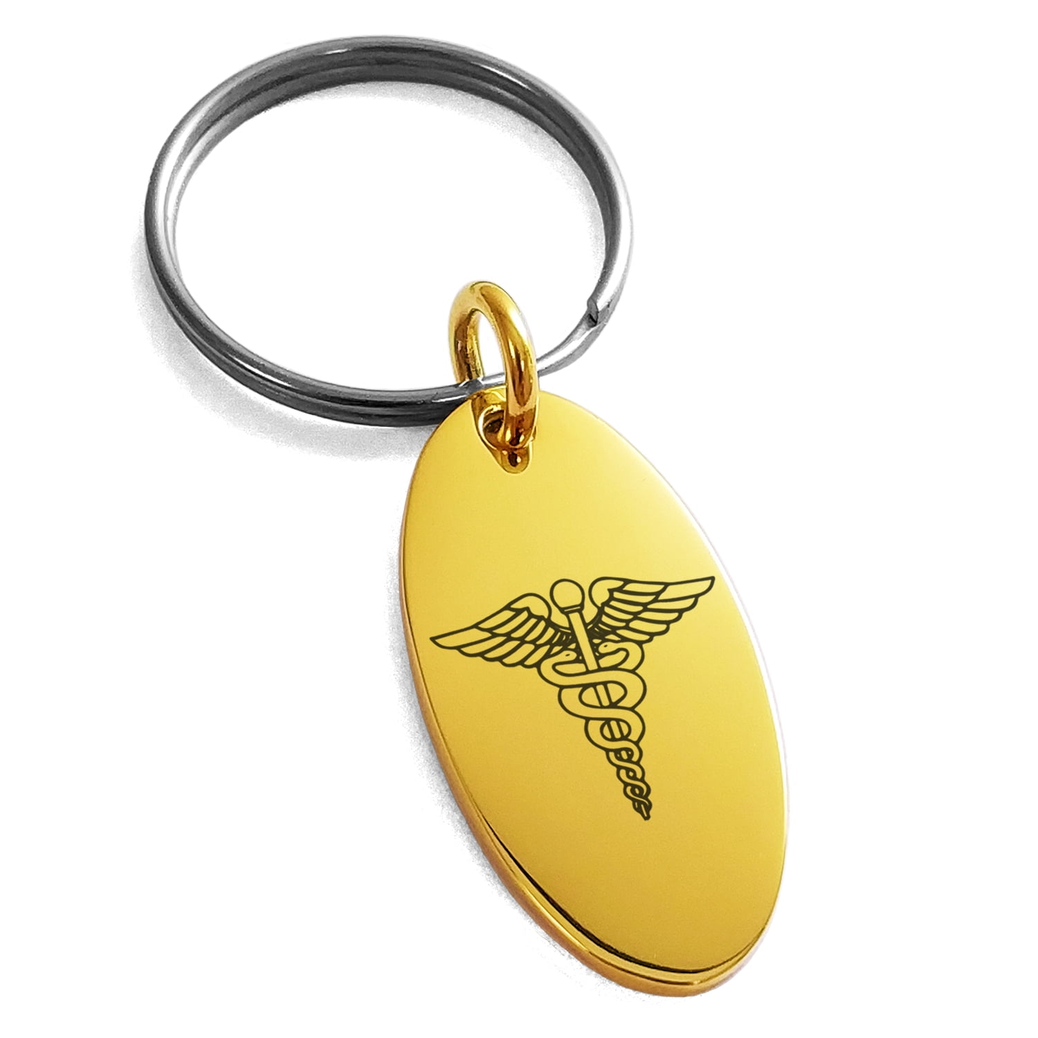 Stainless Steel Caduceus Staff of Hermes Engraved Small Oval Charm ...