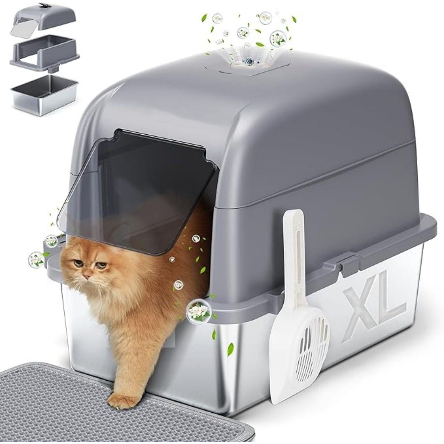 Stainless Steel Cat Litter Box, Extra Large 3-in-1 Enclosed Open Top ...
